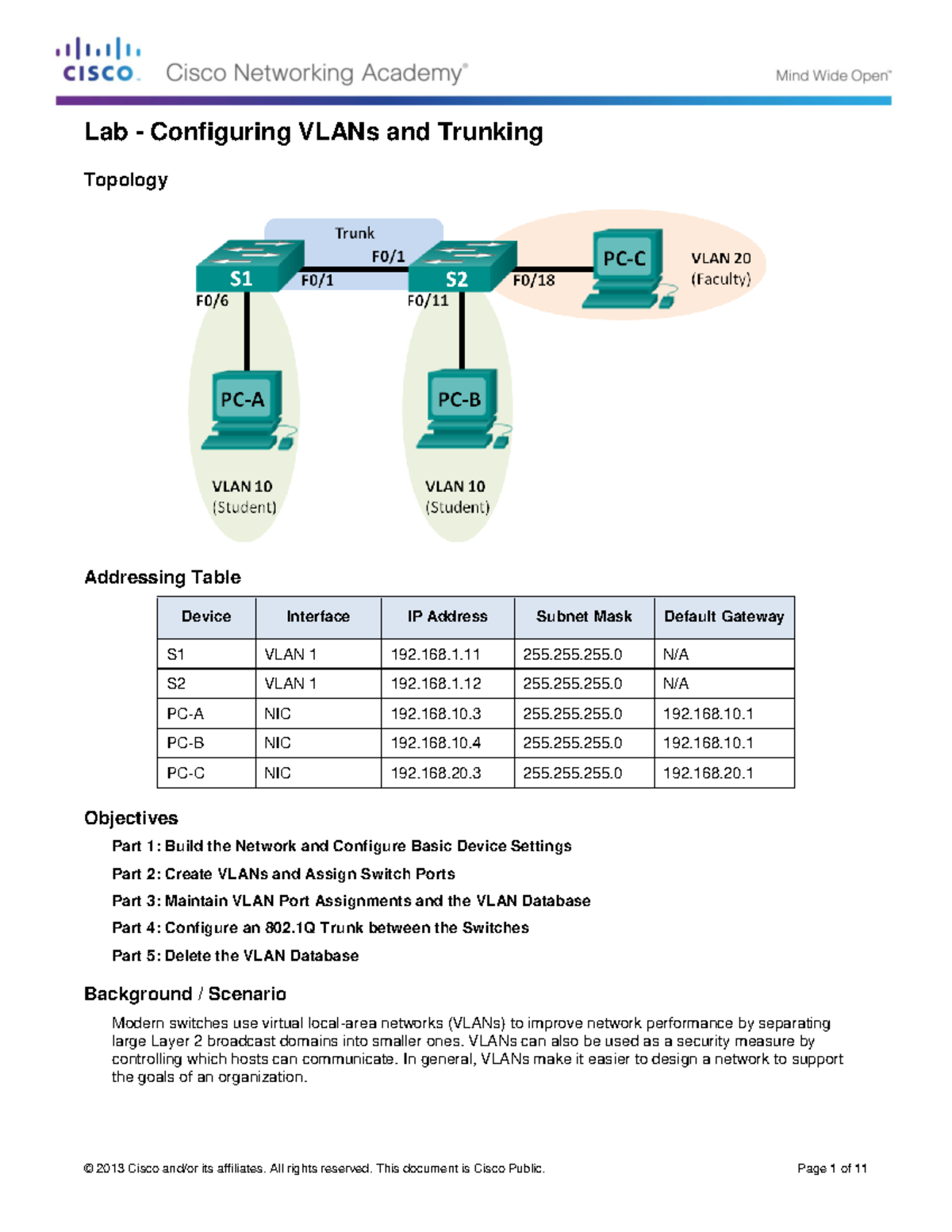 Homework 1 Configuring VLANs - Topology Addressing Table Device ...