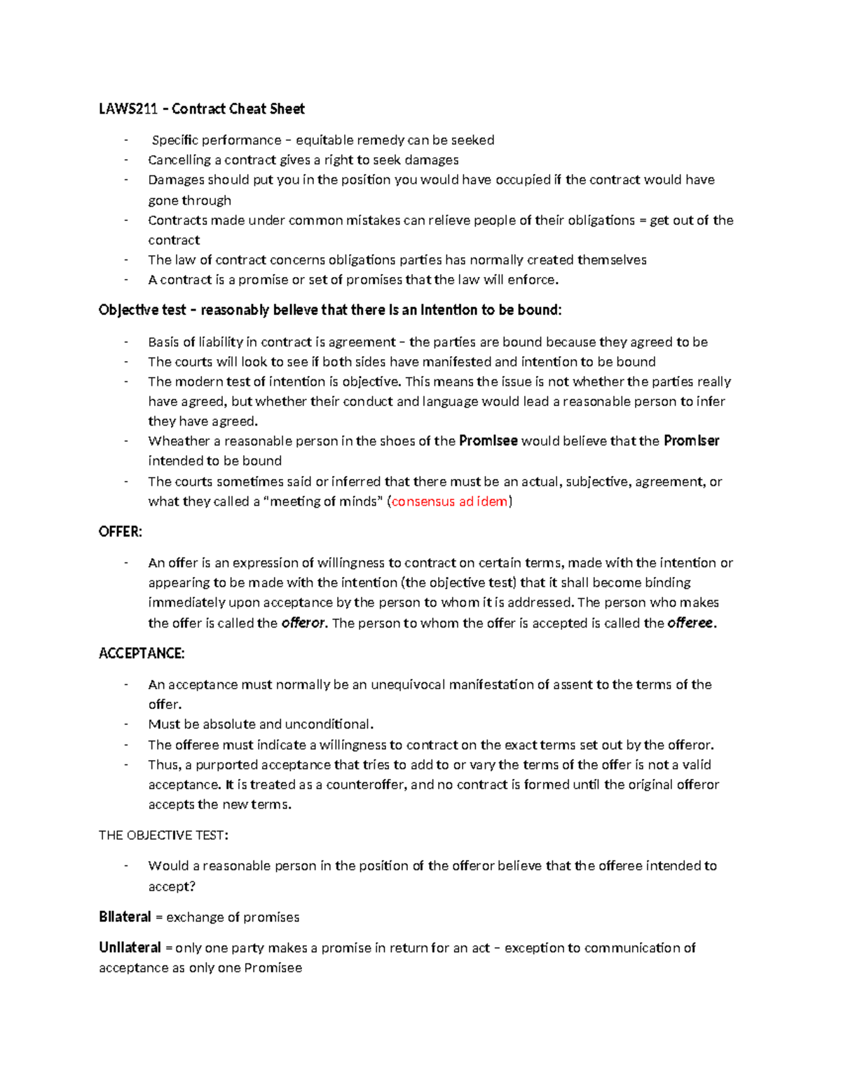 Contract test 1 cheat - LAWS211 – Contract Cheat Sheet - Specific ...