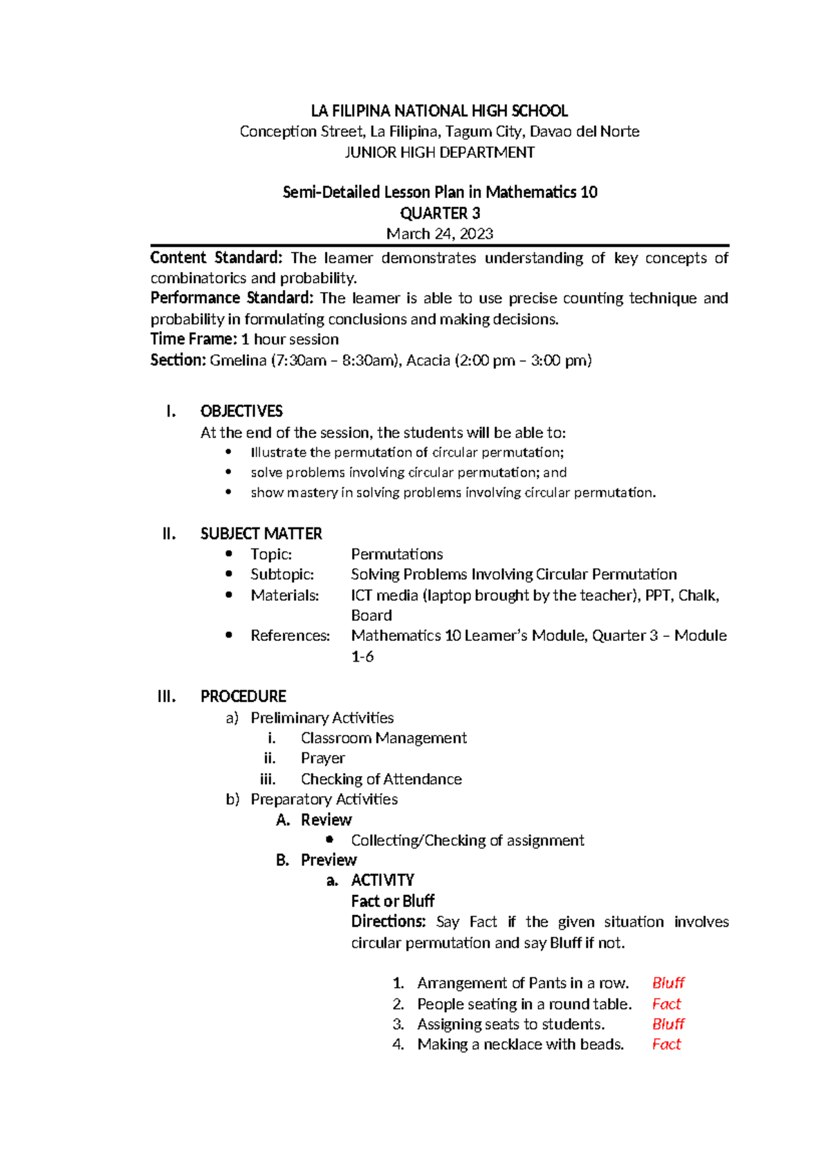 Circular Permutation - LESSON PLAN - LA FILIPINA NATIONAL HIGH SCHOOL ...