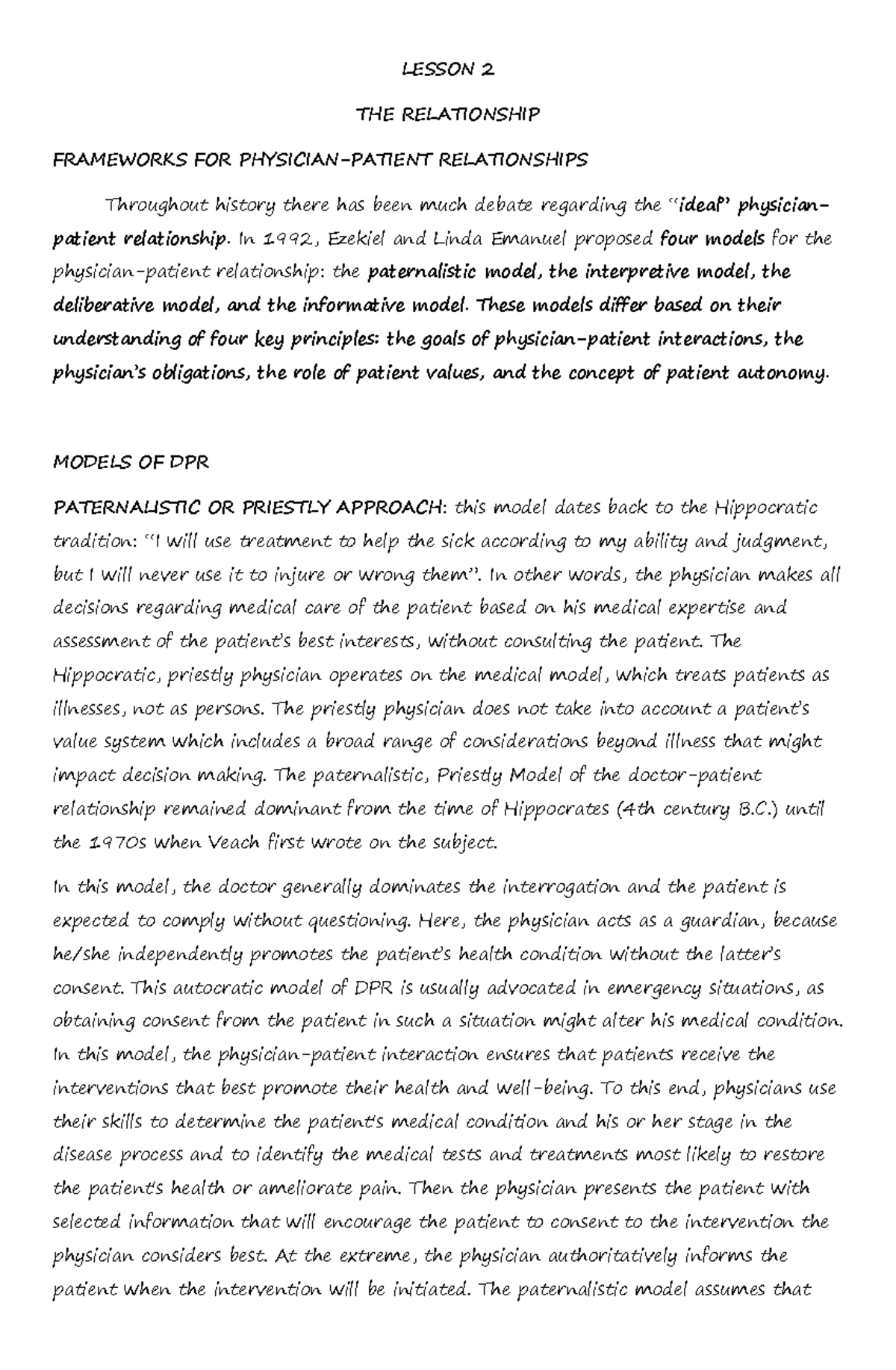 Medicine Practice - LESSON 2 THE RELATIONSHIP FRAMEWORKS FOR PHYSICIAN ...