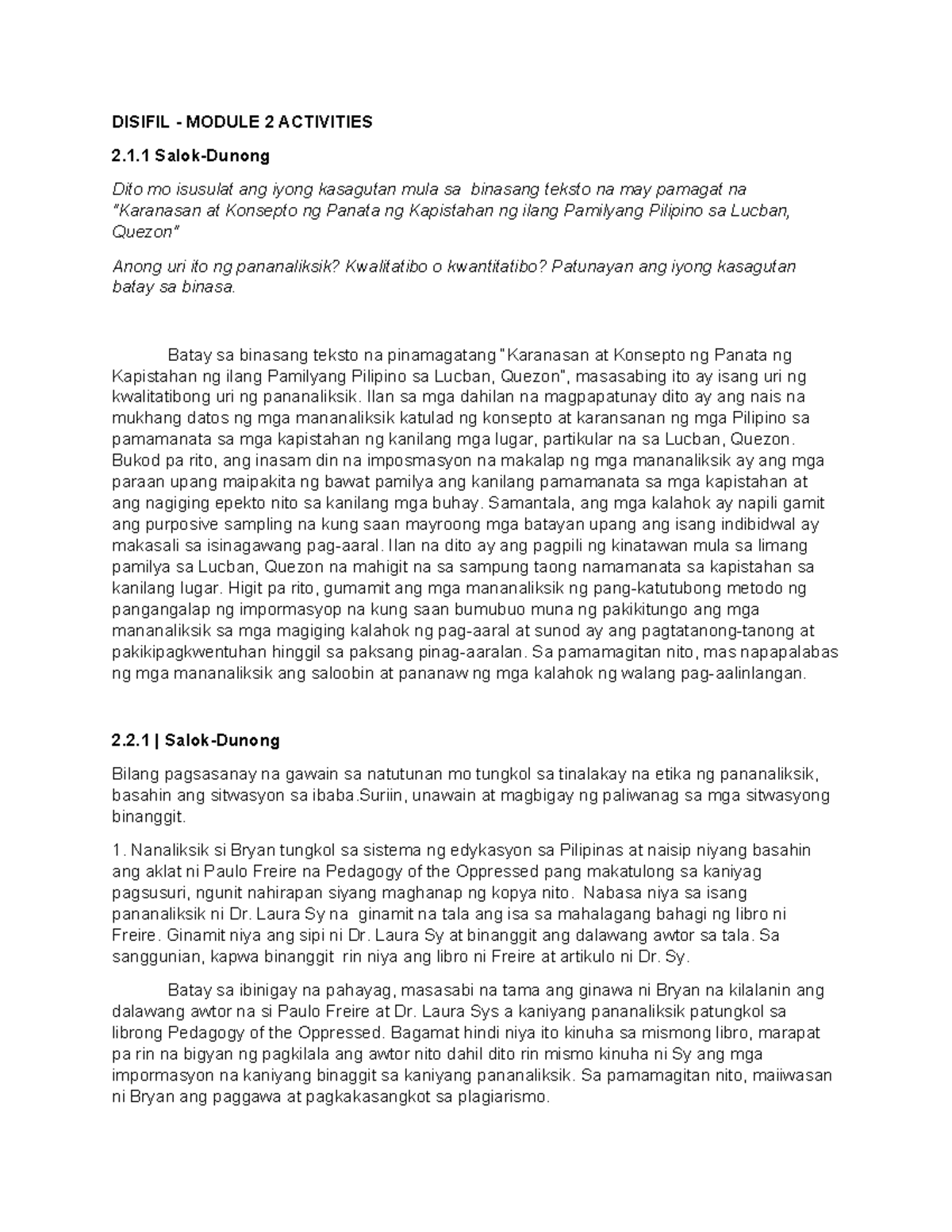 Disifil module 2 activities - DISIFIL - MODULE 2 ACTIVITIES 2.1 Salok-Dunong Dito mo isusulat ...