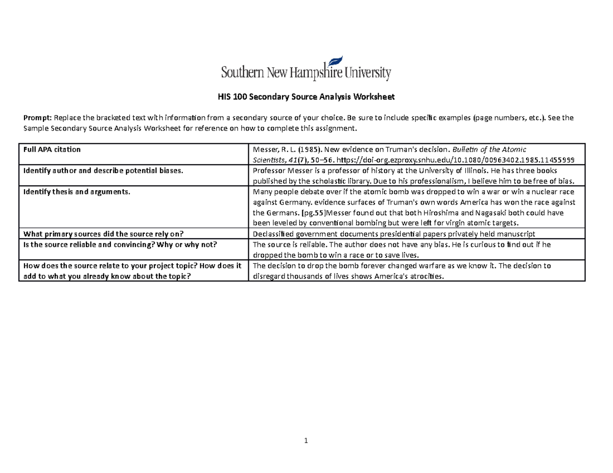 History 3-3 - secondary source worksheet - HIS 100 Secondary Source ...