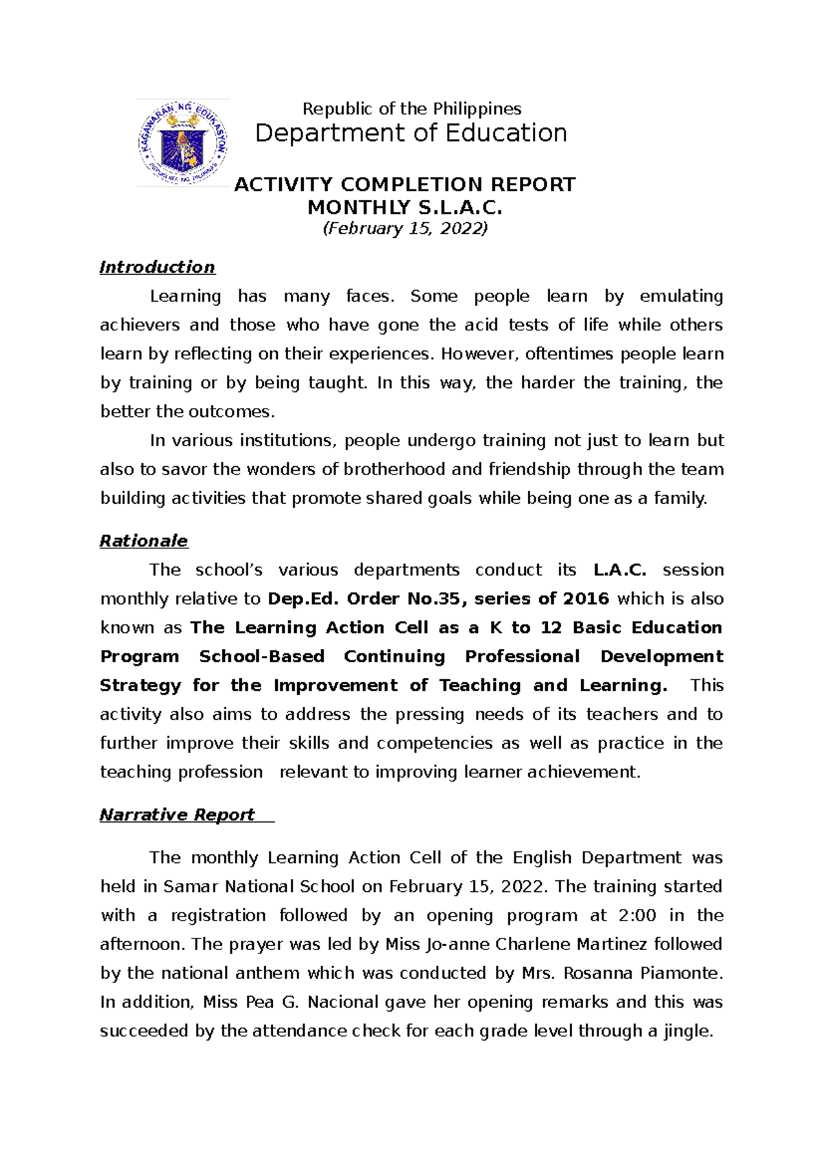 ACR for Feb. SLAC - Republic of the Philippines Department of Education ...