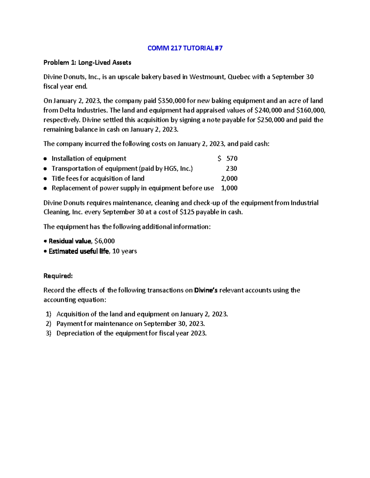 Chapter 7 - Long lived Assets Tutorial - COMM 217 TUTORIAL Problem 1 ...