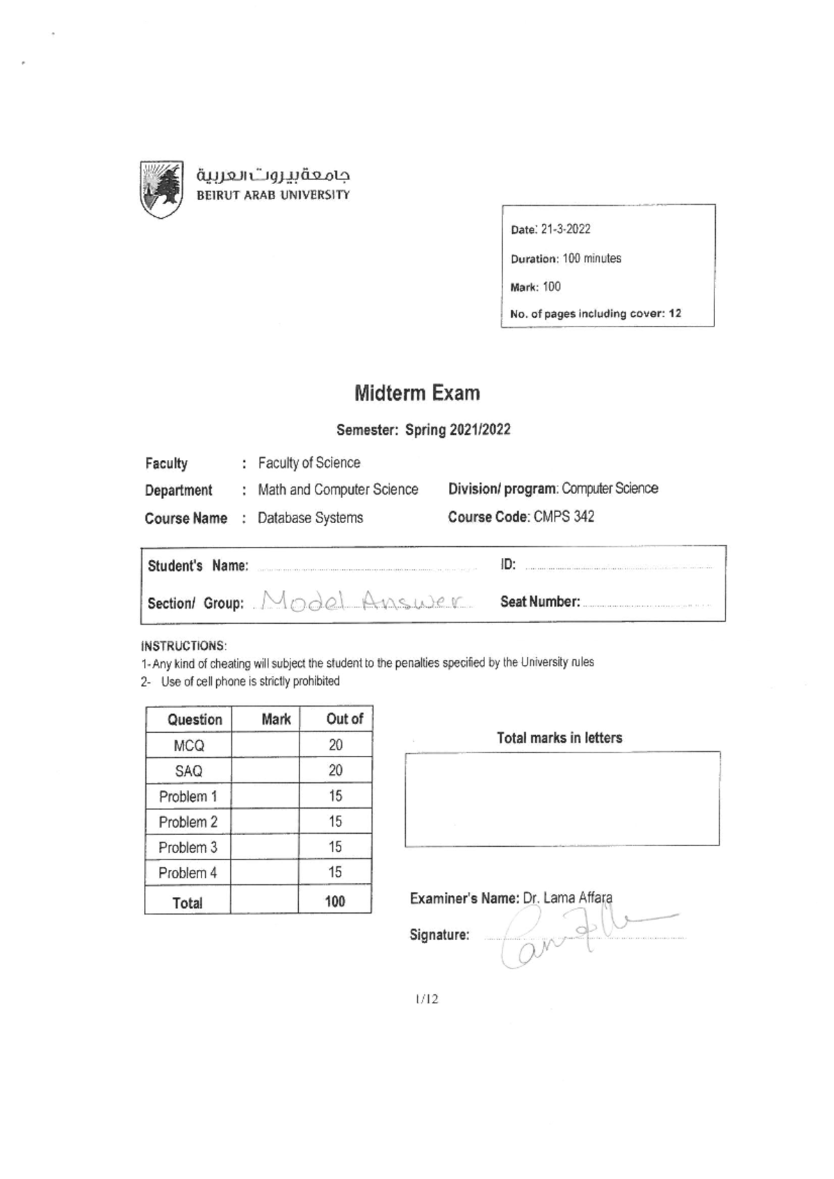 Model Answer Midterm Exam Sp2021 22 - Database Systems - Studocu