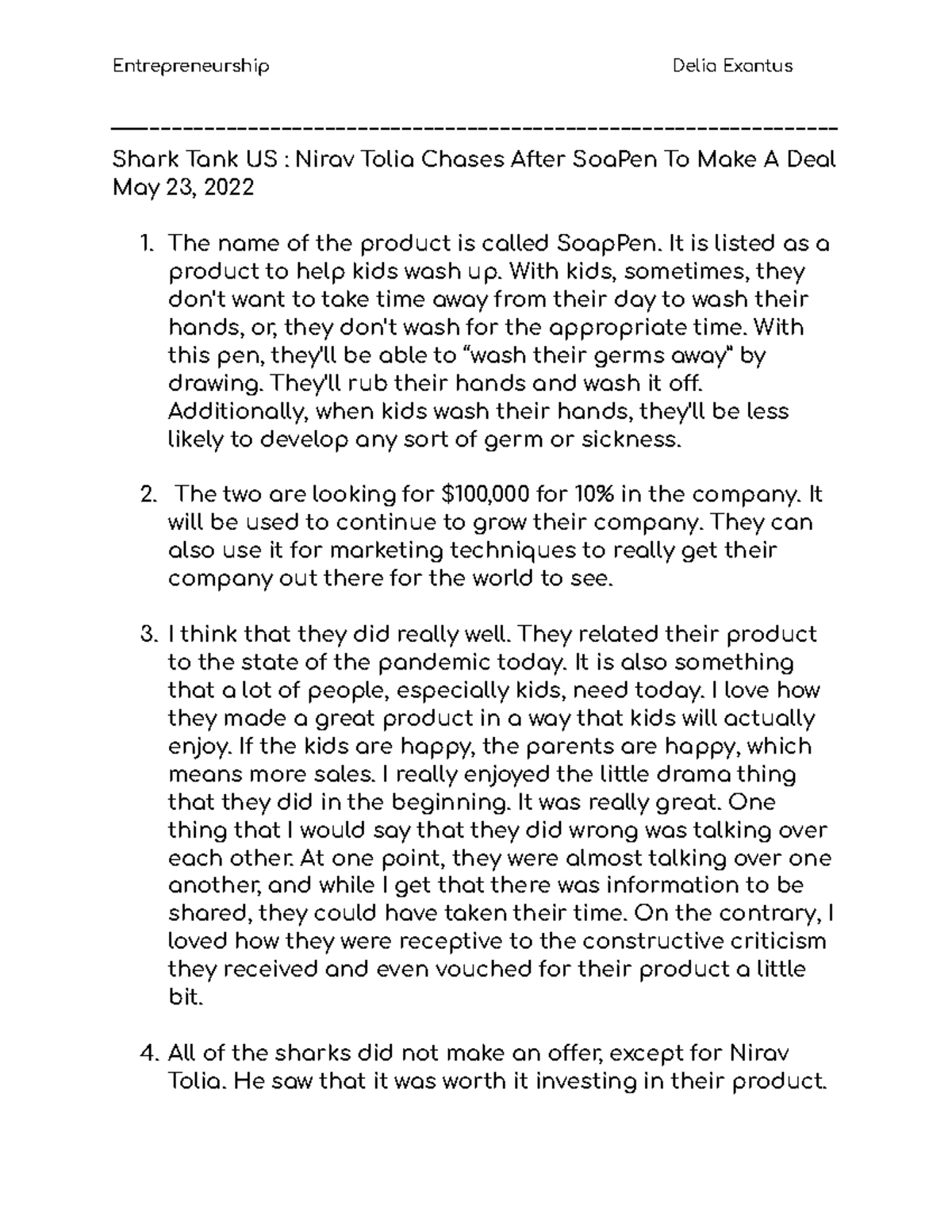Shark Tank Assignment 1 - Entrepreneurship Delia Exantus —- Shark Tank ...