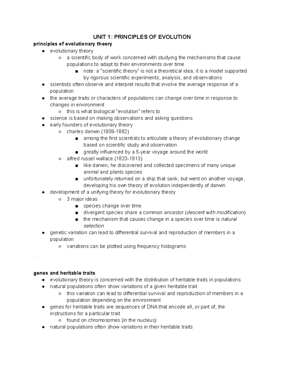 Gen bio midterm 1 study guide - UNIT 1: PRINCIPLES OF EVOLUTION ...