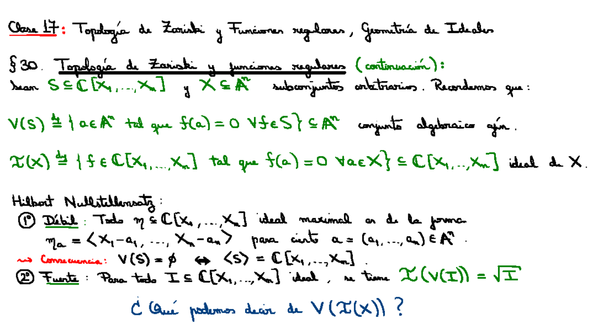 MAT214 Clase 17 - Clase 17: Topologia de Zariski Funciones regulares ...