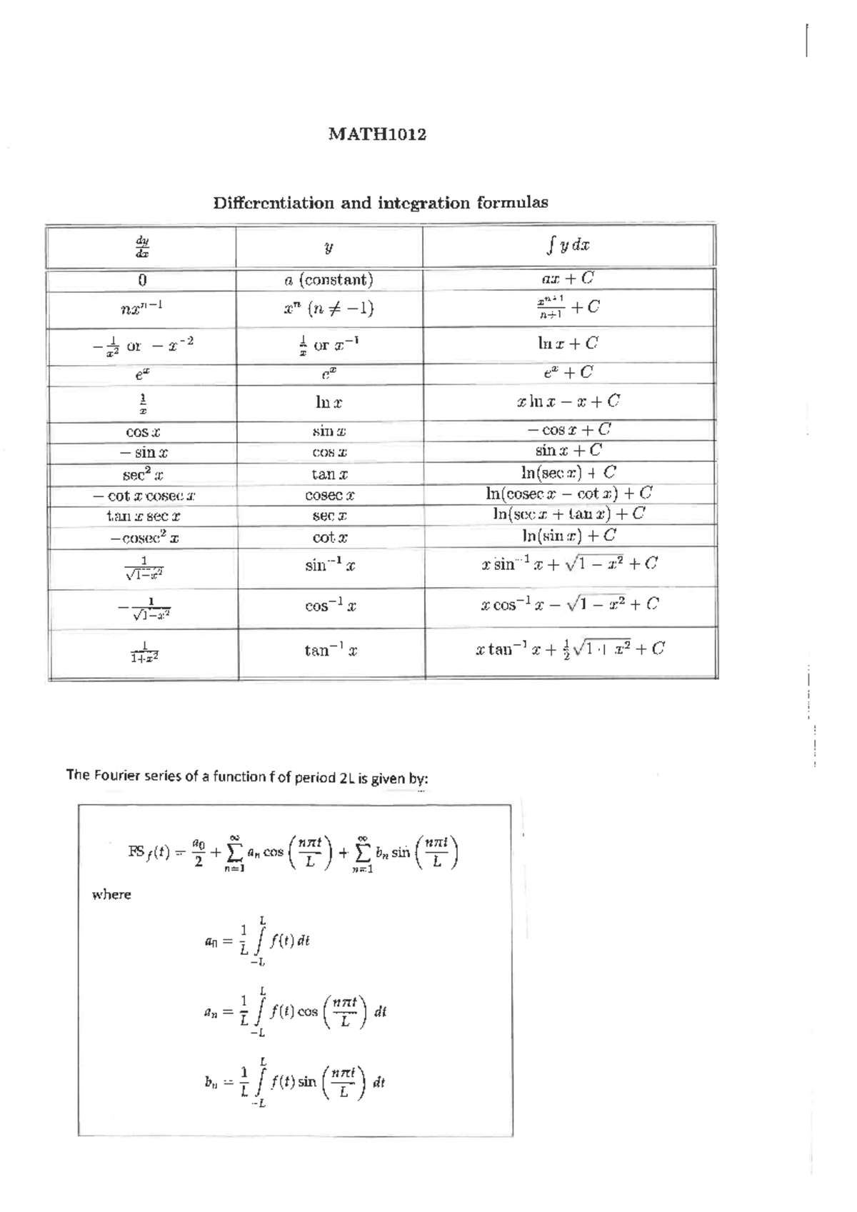 Math1012 formula sheet - MATH1012 - Studocu