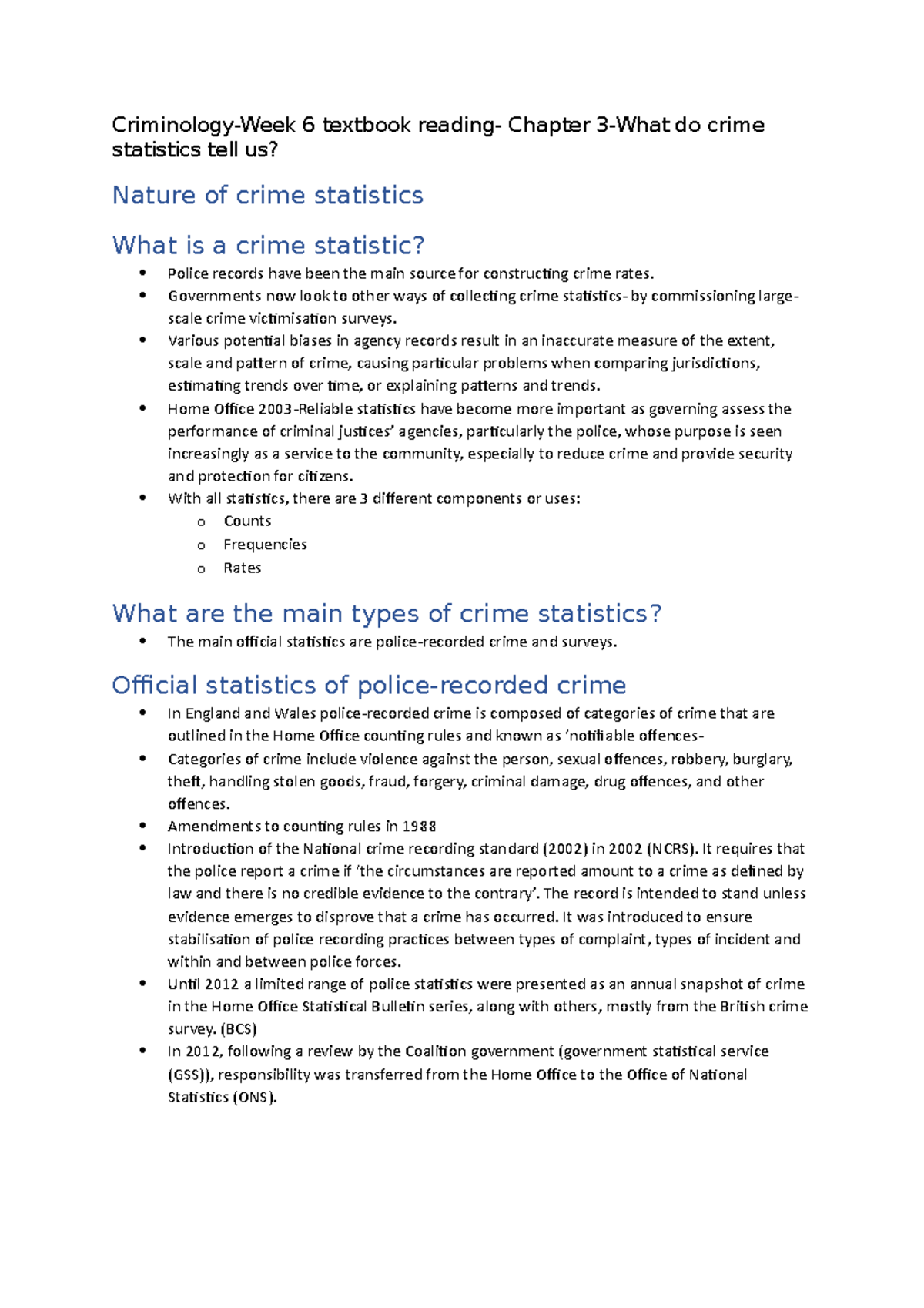 Introduction to criminology Assigned Reading summaries- week 6- crime ...