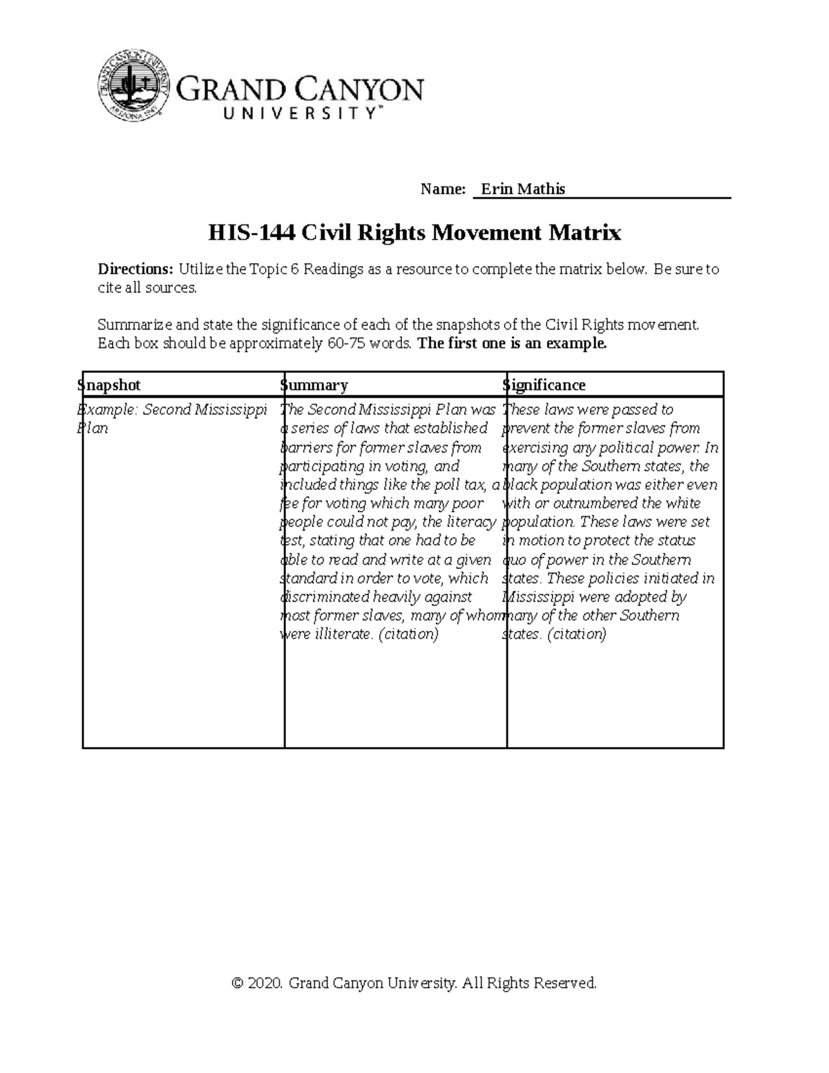HIS-144-T6 Civil Rights Movement Matrix Online - Name: Erin Mathis HIS ...