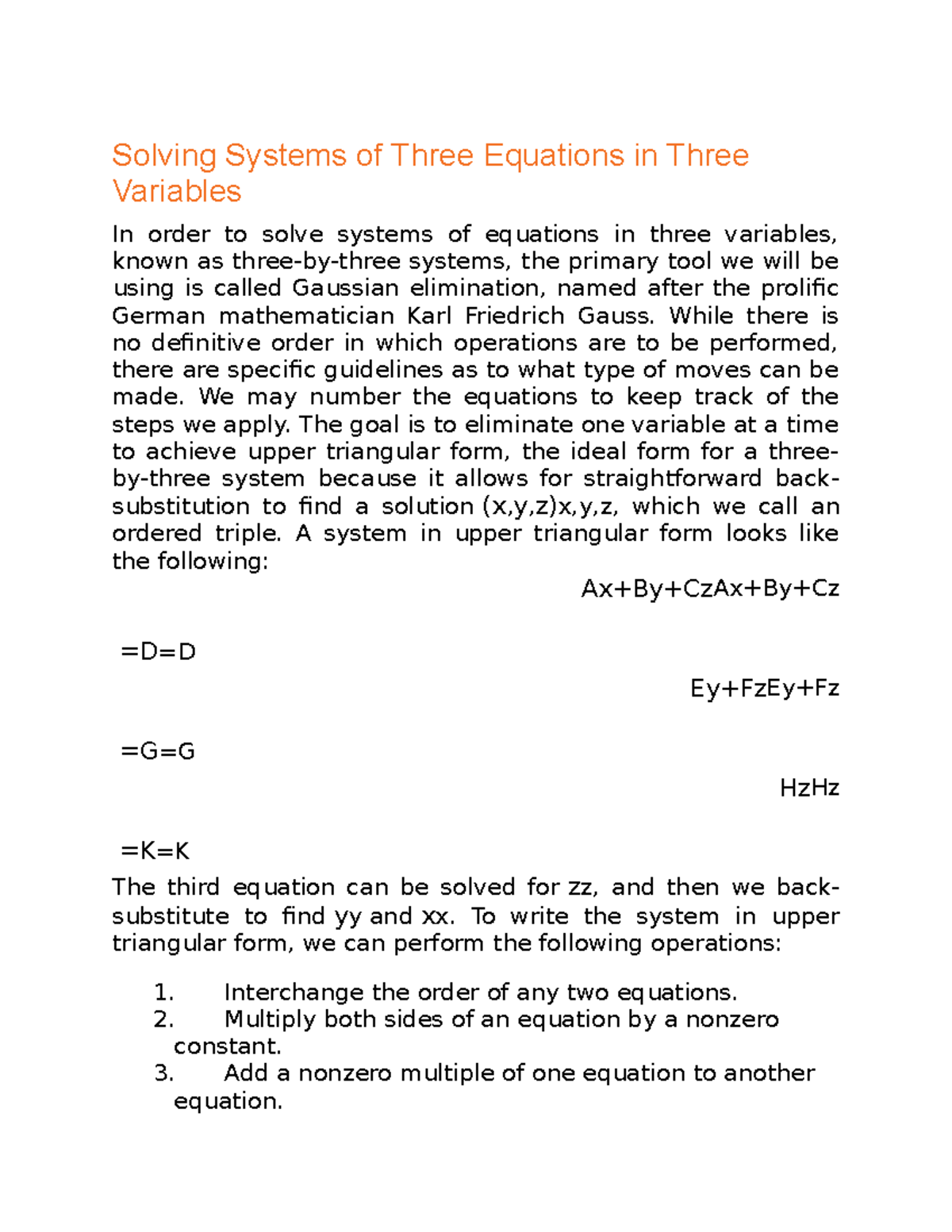 8 1 Reading And Participation Activities Systems Of Linear Equations Three Variables Solving