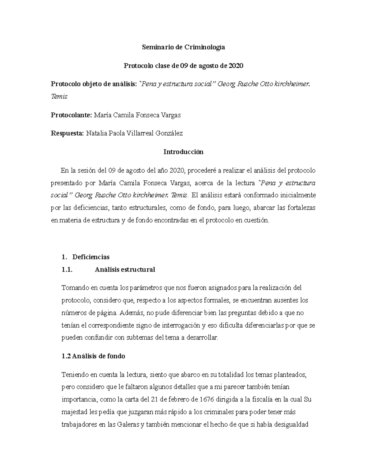 Respuesta a Protocolo de la lectura “Pena y estructura social” Georg ...