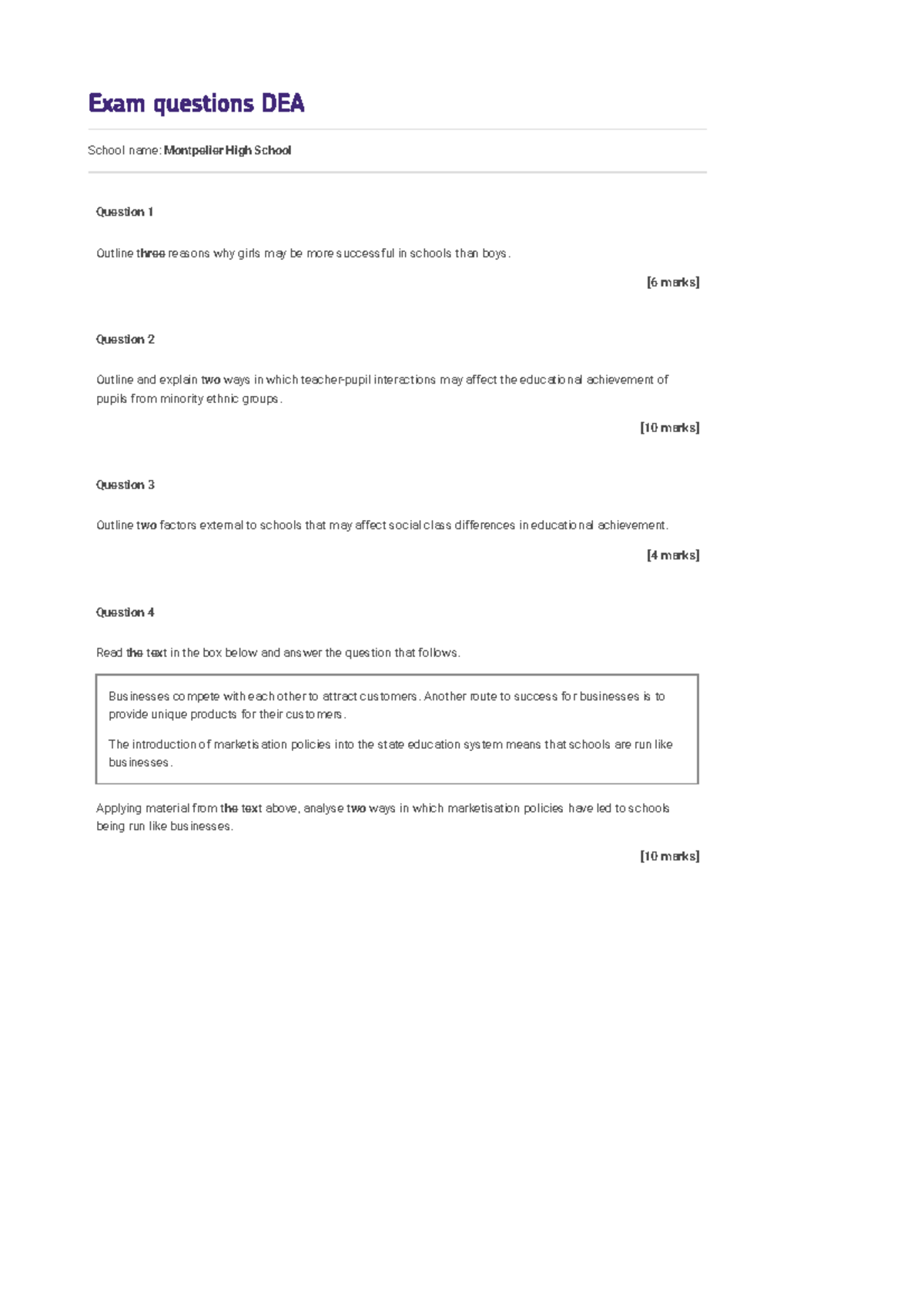 Exam questions DEA - health and social care - School name: Montpelier ...