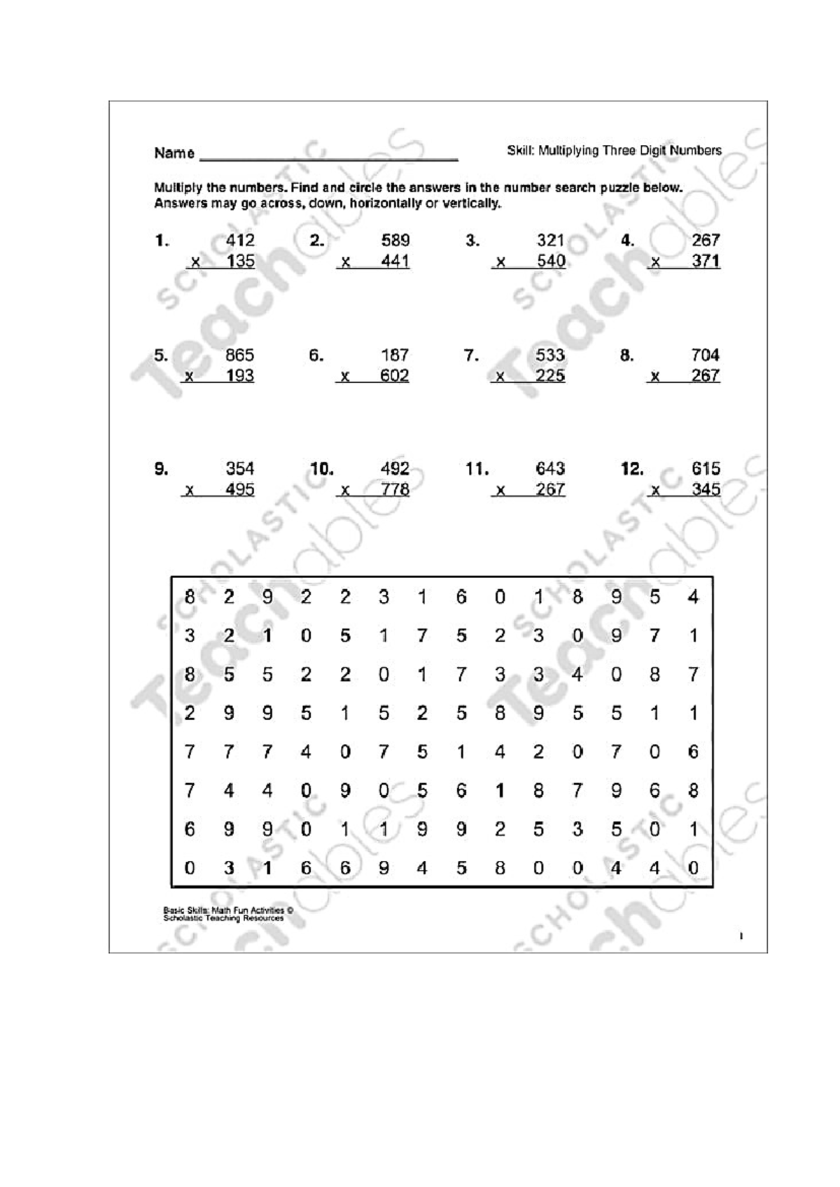Multiplying numbers - PRACTICE - Name Skill: Multiplying Three Digit ...