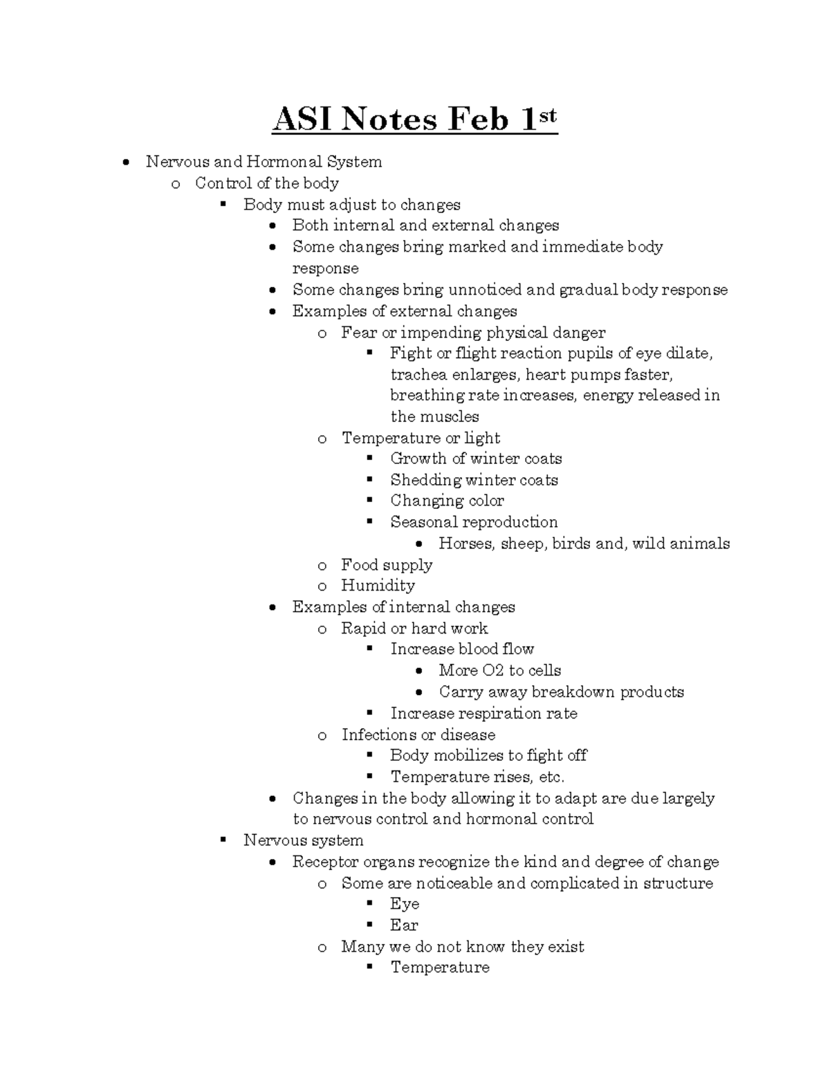 ASI Notes Feb 1st - Dr.Nichols - ASI Notes Feb 1st Nervous and Hormonal ...