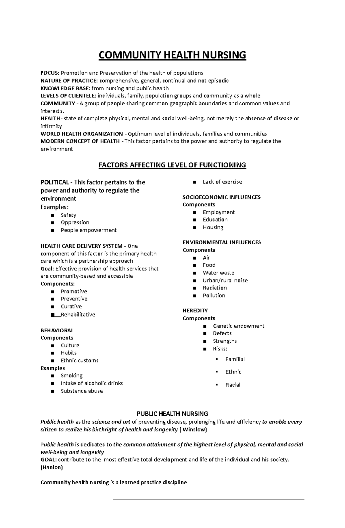 Community Health Lecture - COMMUNITY HEALTH NURSING FOCUS: Promotion ...