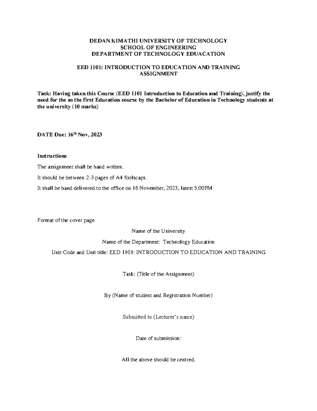 TAKE AWAY Assignment 09TH November, 2023 - DEDAN KIMATHI UNIVERSITY OF TECHNOLOGY SCHOOL OF ...