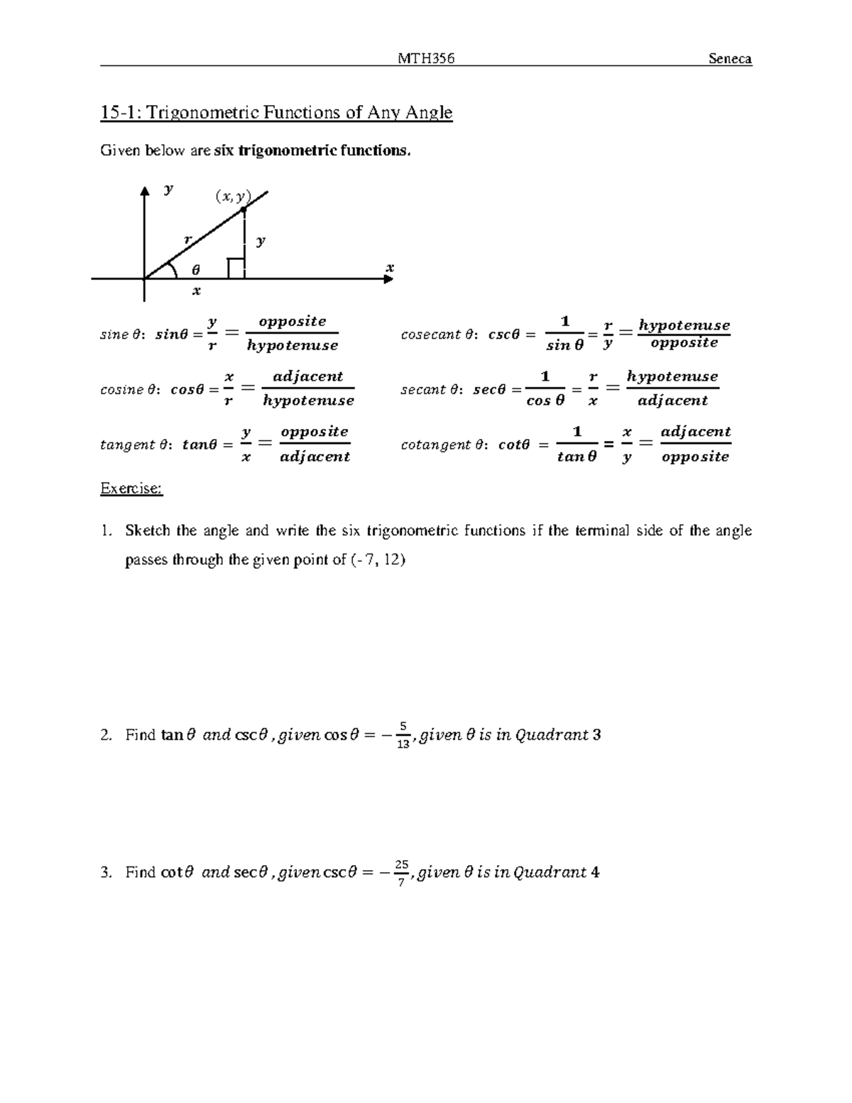 Review MTH255 class notes - 15-1: Trigonometric Functions of Any Angle ...