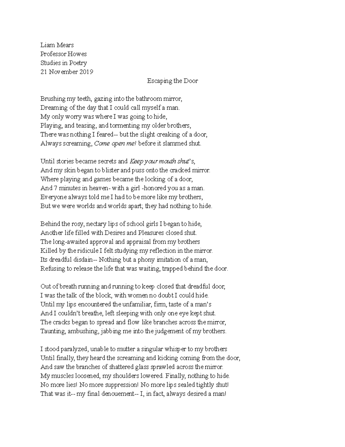 Paper #3- Poem - Essay 3 poem - Liam Mears Professor Howes Studies in ...