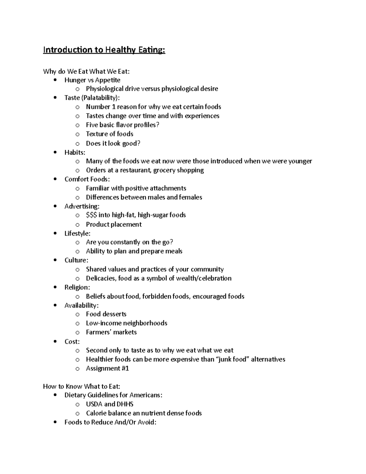 Introduction to Healthy Eating - Studocu
