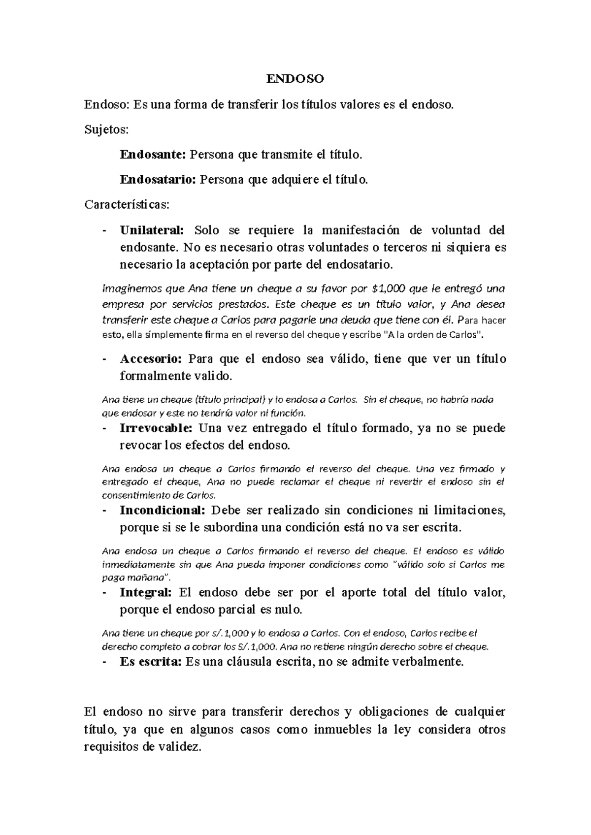 APUNTES SOBRE LAS CARACTERISITCAS DEL ENDOSO - ENDOSO Endoso: Es una ...