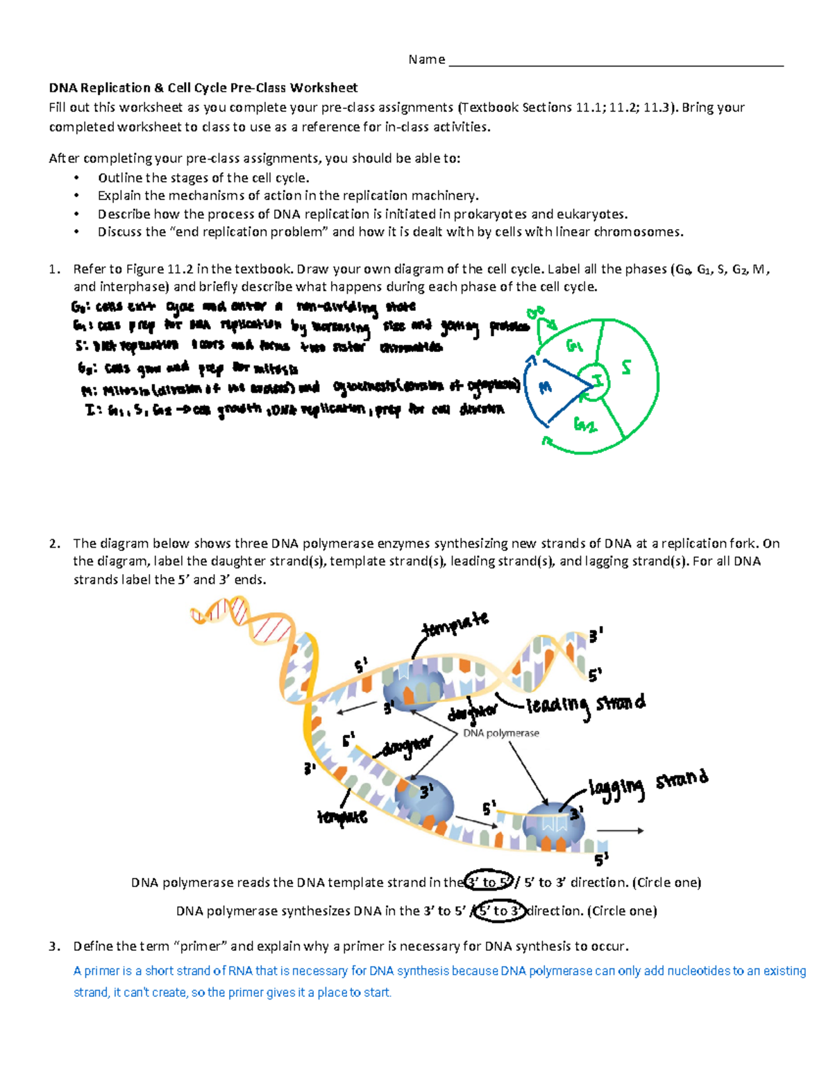 Week 9a Pre-Class Reading Guide - DNA Replication & Cell Cycle - Name ...