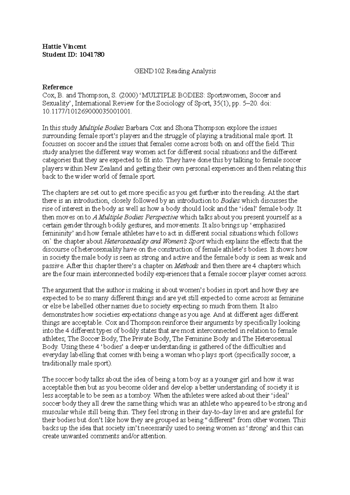 Reading Analysis - Hattie Vincent Student ID: 1041780 GEND102 Reading ...