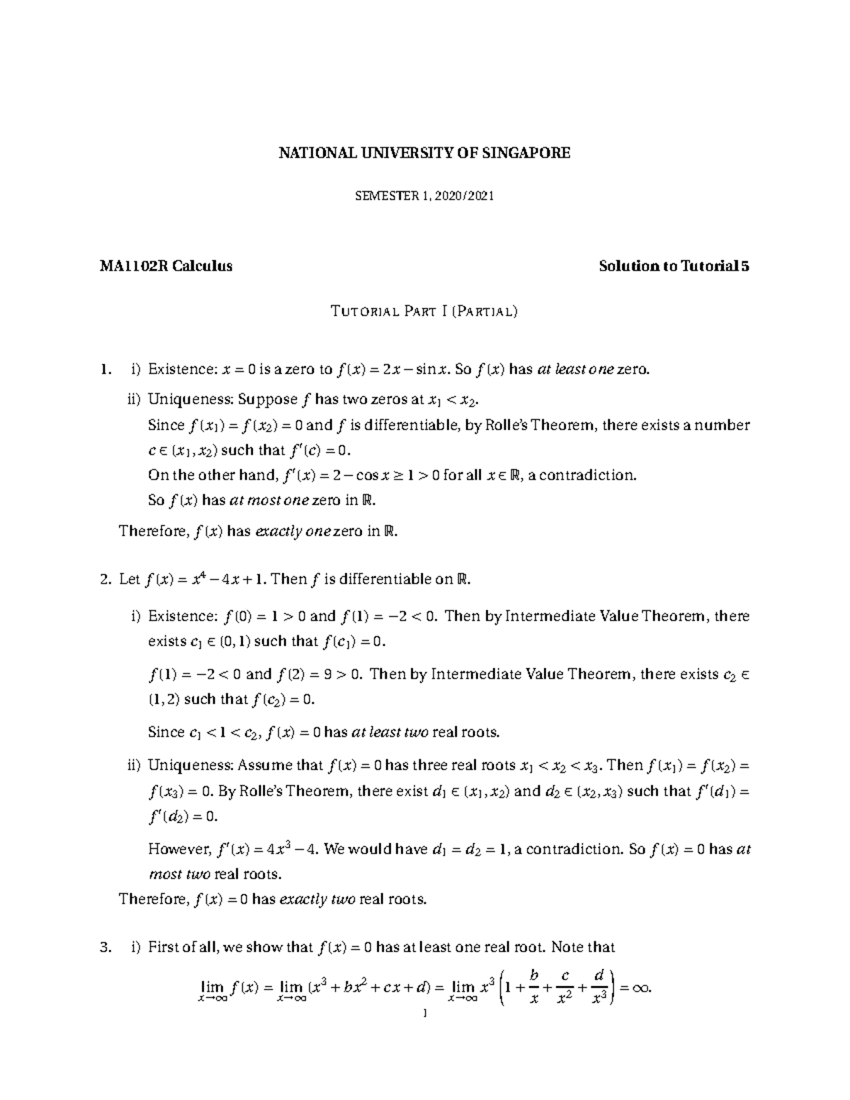 MA1102R-Solution 5 - Tutorial Solution 5 - NATIONAL UNIVERSITY OF ...