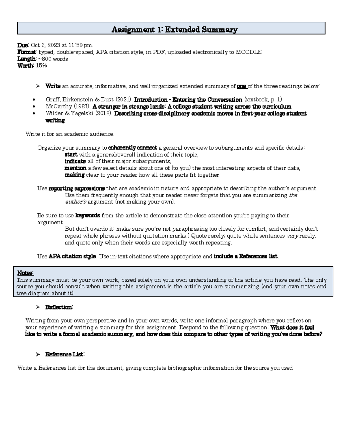 Assignment 1 F23 - Extended Summary - Assignment 1: Extended Summary Due: Oct 6, 2023 at 11:59 ...