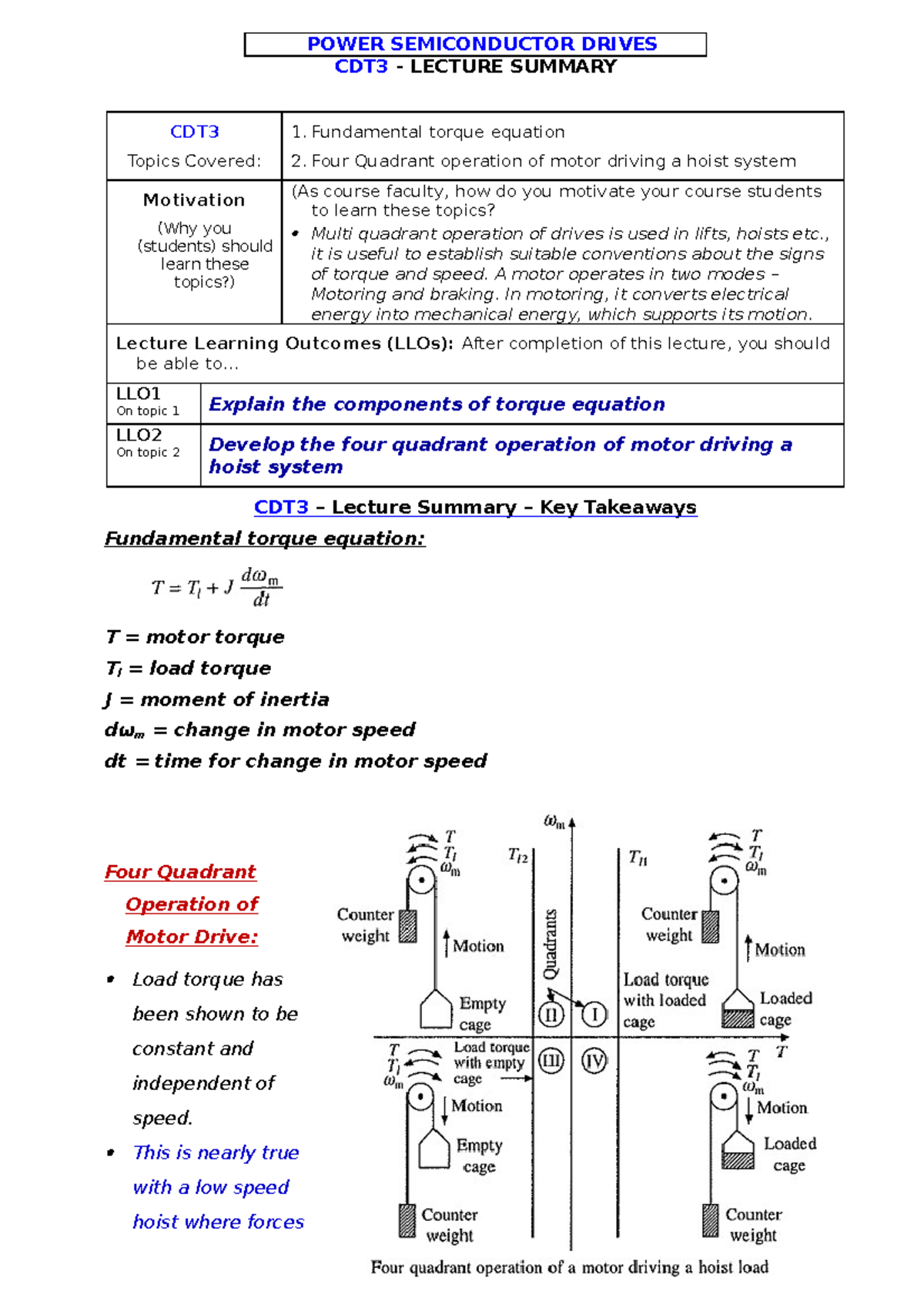 Four Quadrant operation of motor driving a hoist system - POWER ...