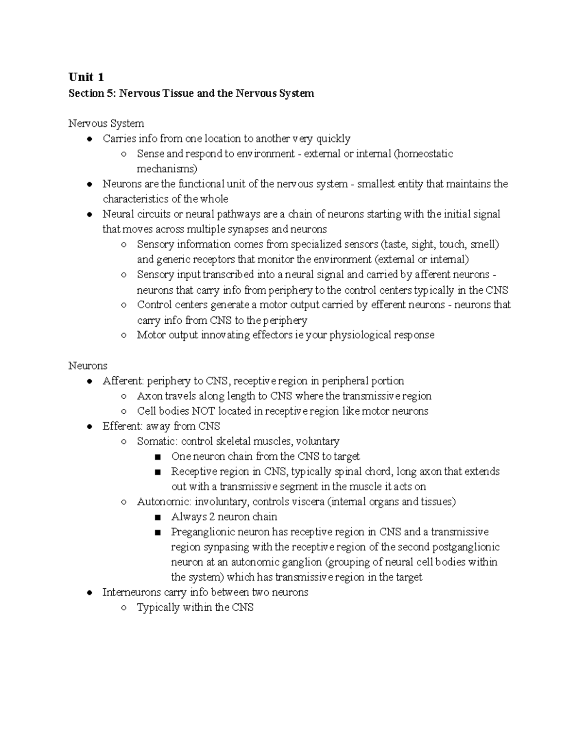 Biol 4160 1.5 Nervous System - Unit 1 Section 5: Nervous Tissue and the Nervous System Nervous ...