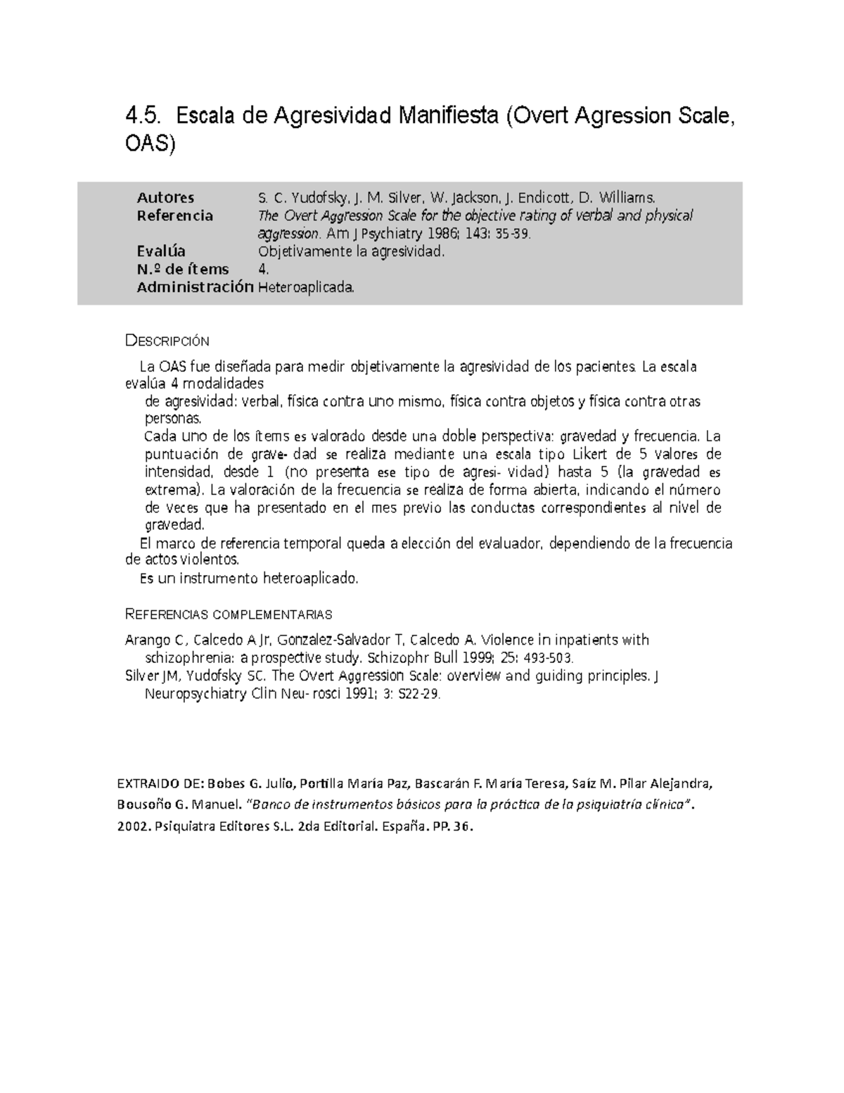Forma de evaluación de la OAS - 4. Escala de Agresividad Manifiesta ...