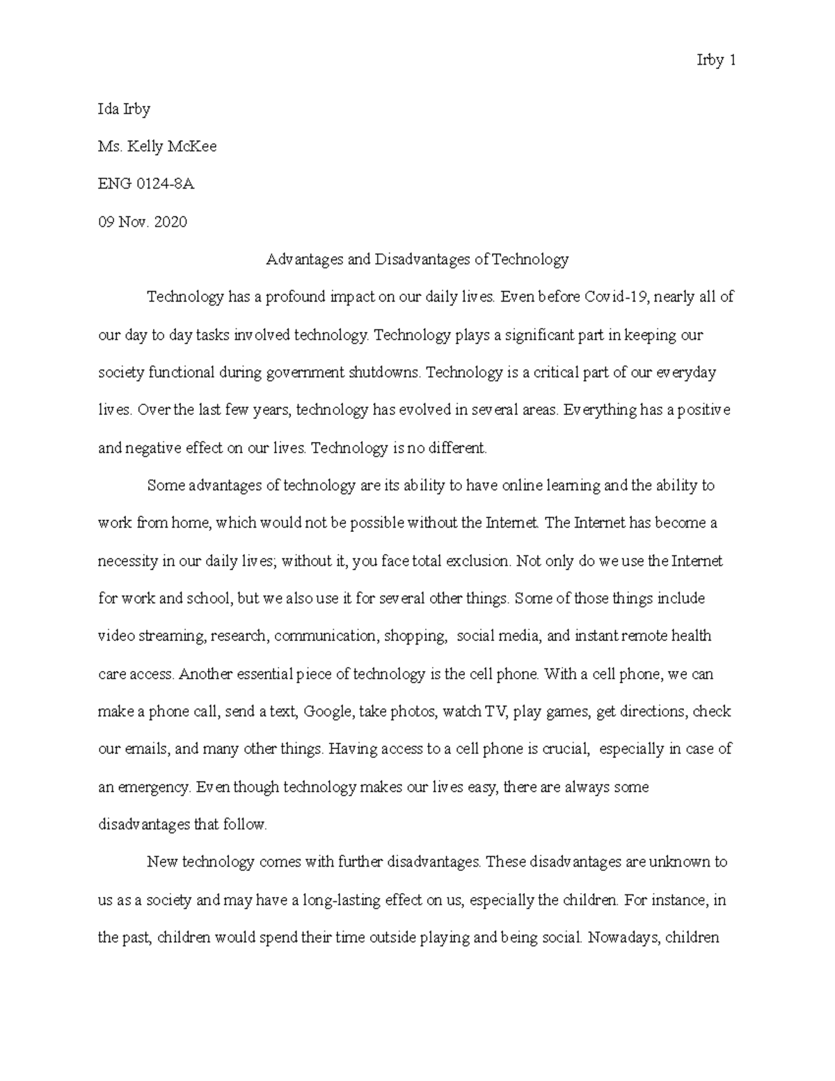 Writing 4 FD Irby - Grade: B - Irby 1 Ida Irby Ms. Kelly McKee ENG 0124 ...