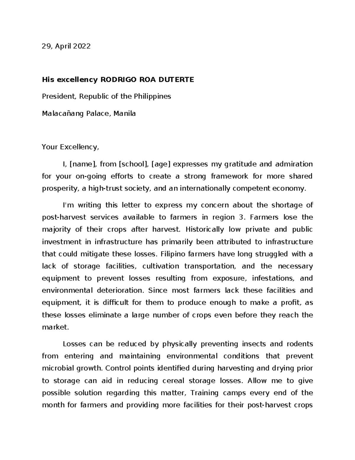Business Letter - 29, April 2022 His excellency RODRIGO ROA DUTERTE ...