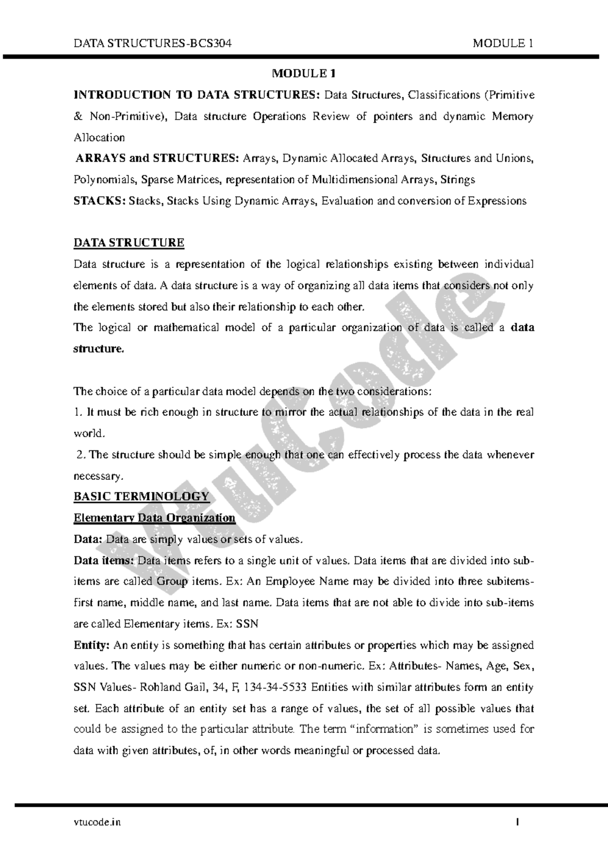 M01 - notes of os - MODULE 1 INTRODUCTION TO DATA STRUCTURES: Data ...