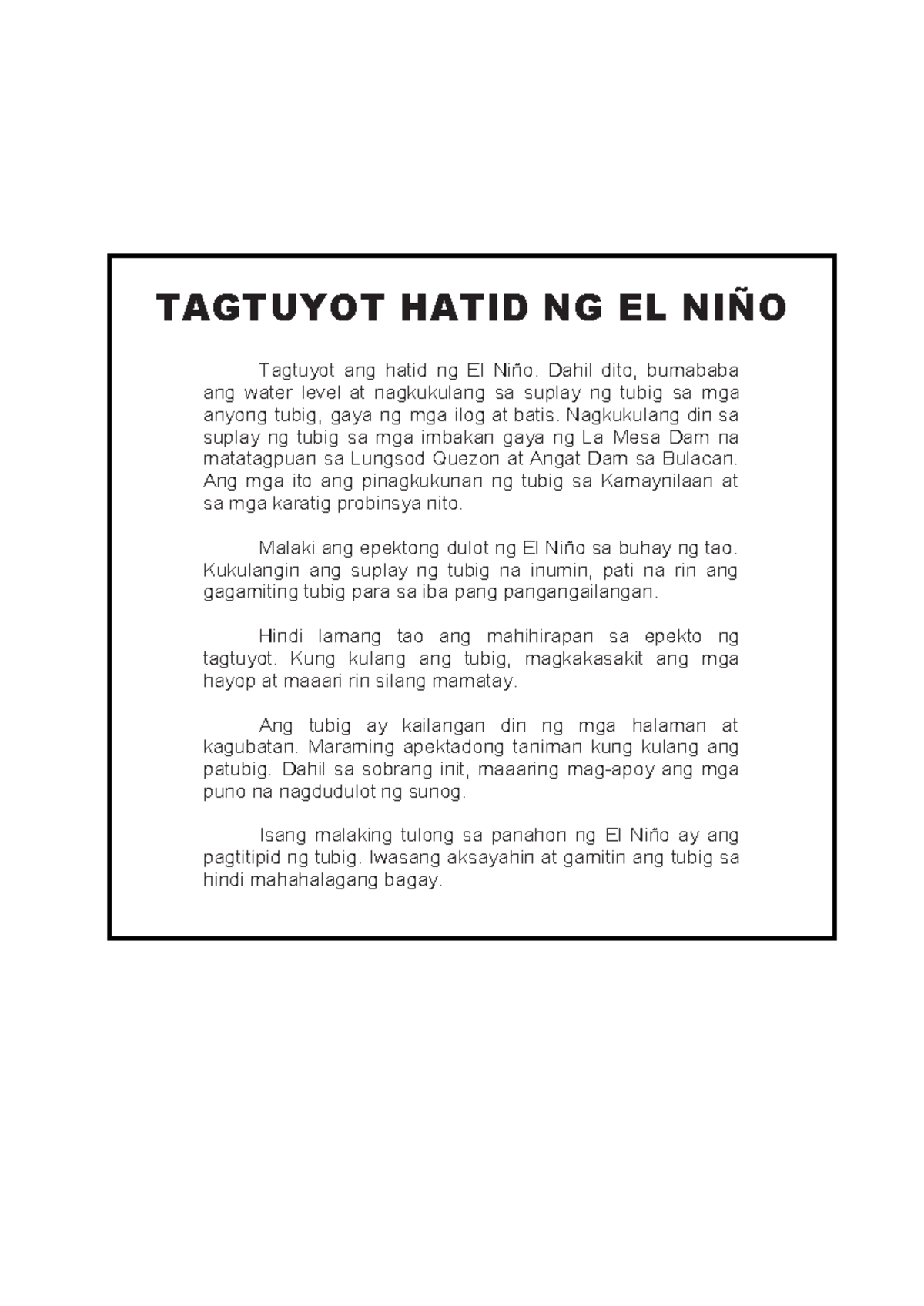 G5 FIL. SET A PRE TEST - Phil-IRI - TAGTUYOT HATID NG EL NIÑO Tagtuyot ...