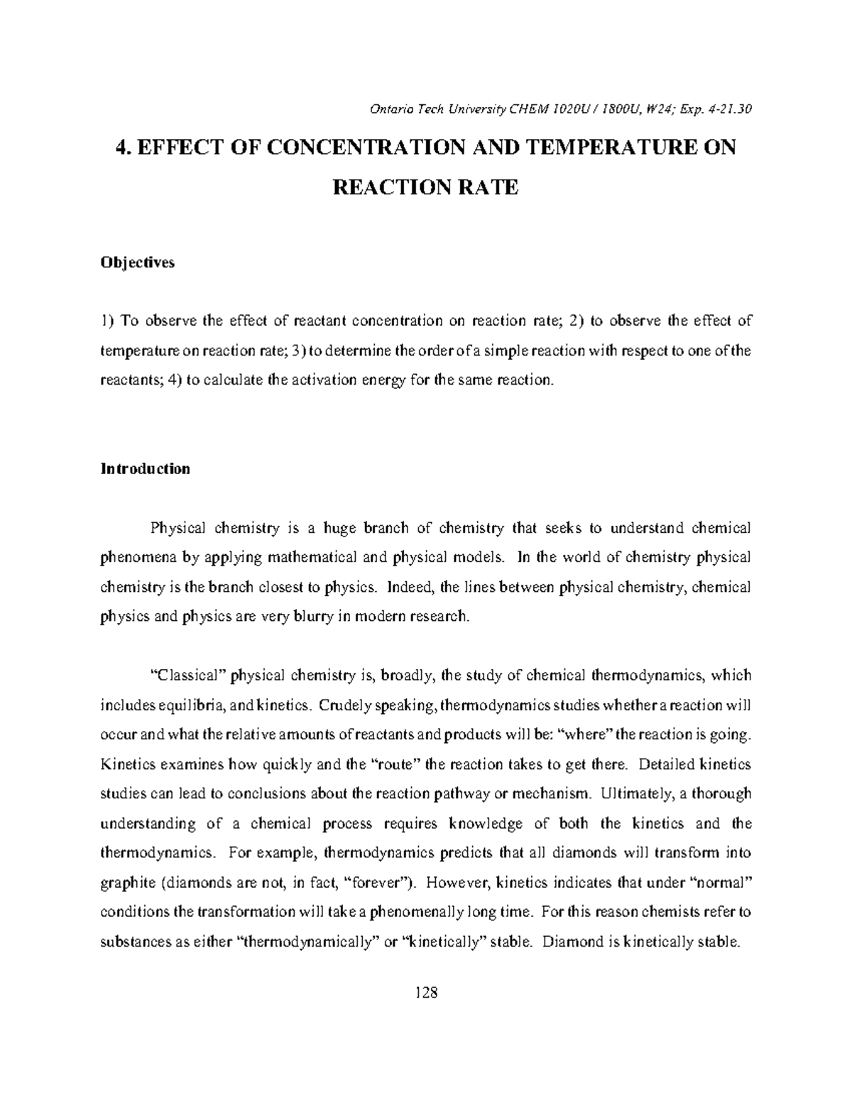 CHEM 1800 lab 4 manual - 4. EFFECT OF CONCENTRATION AND TEMPERATURE ON ...