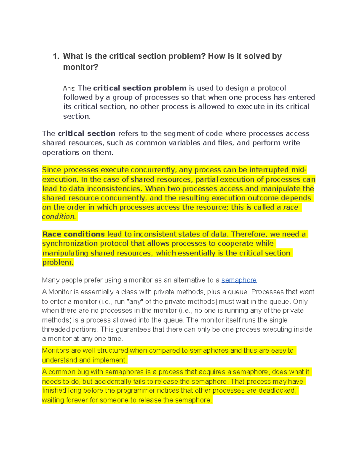 DOS Semester - NOTES - 1. What is the critical section problem? How is ...