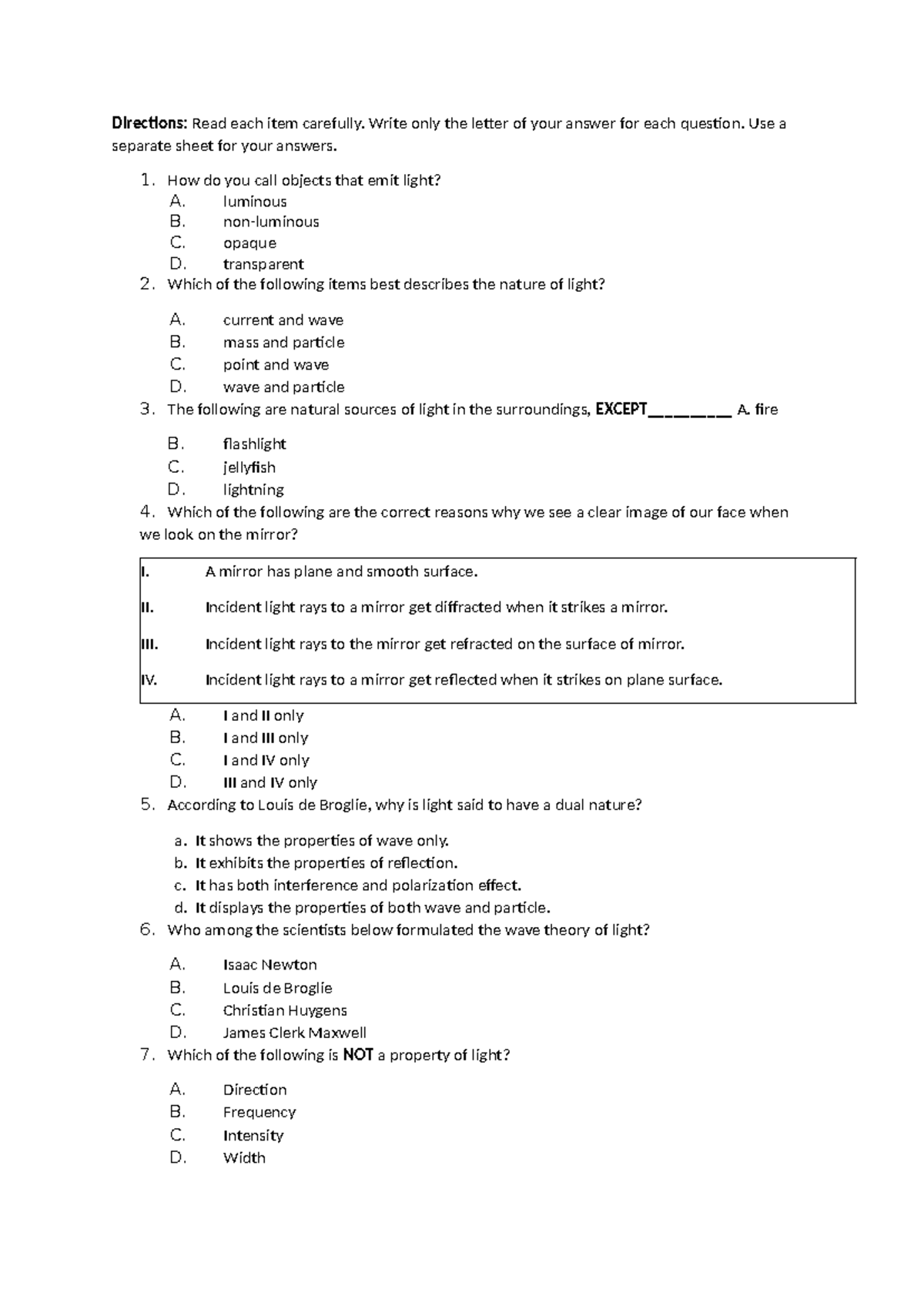 Light Test - None - Directions: Read each item carefully. Write only ...