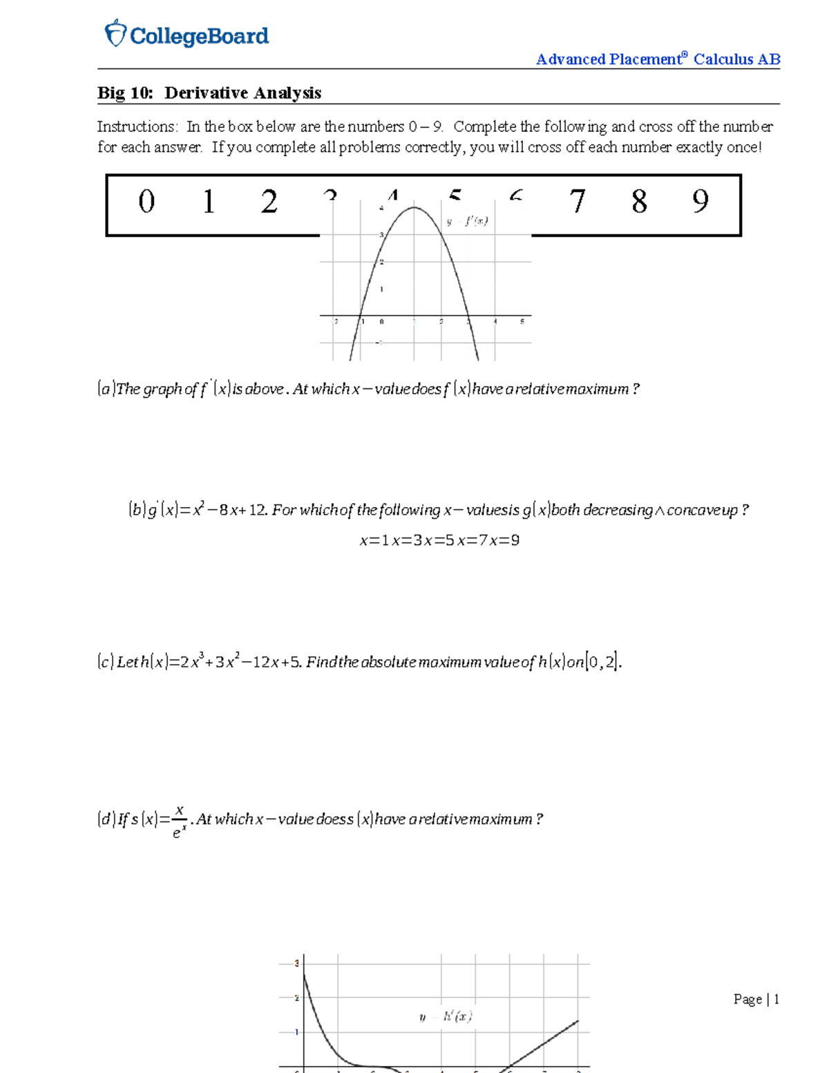 16-Big 10 Derivative Analysis-1 - Advanced Placement ® Calculus AB Big ...