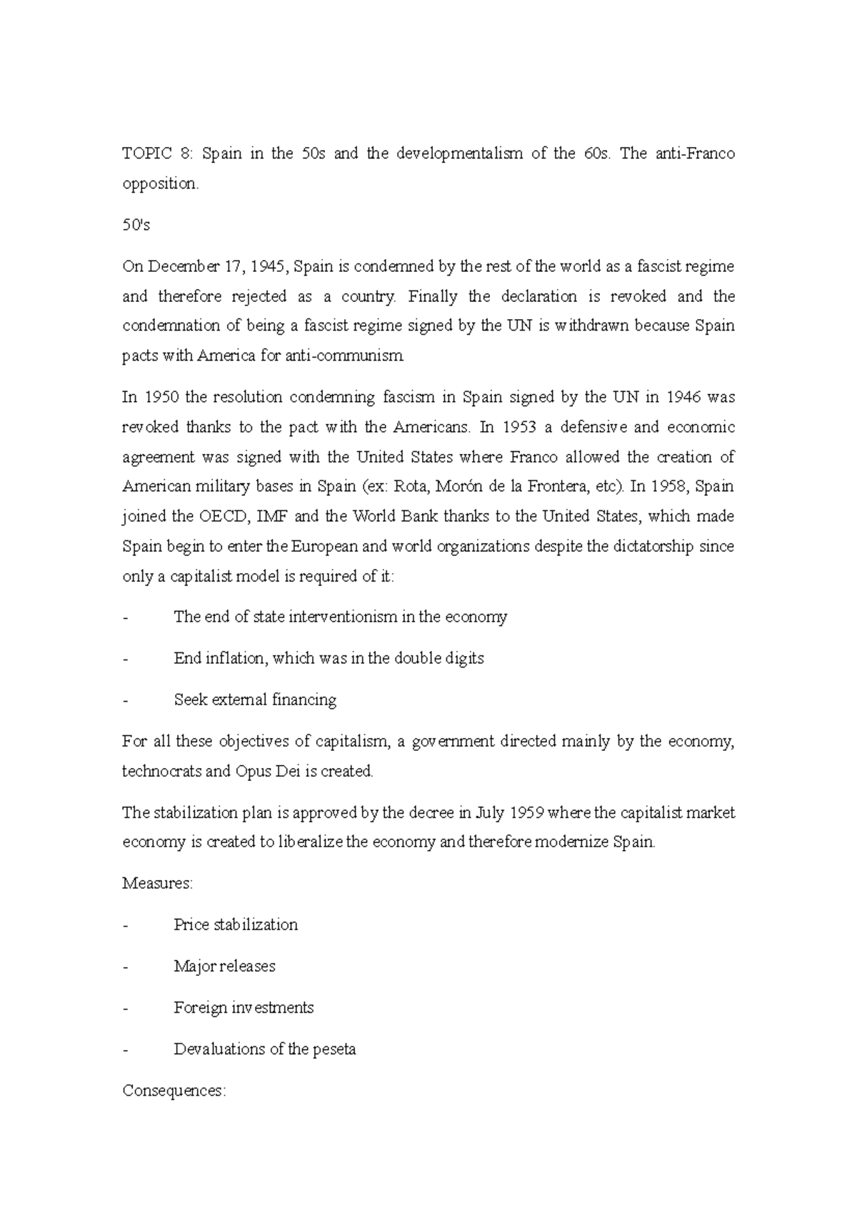 Lesson 3 World Civilizations II - TOPIC 8: Spain in the 50s and the ...