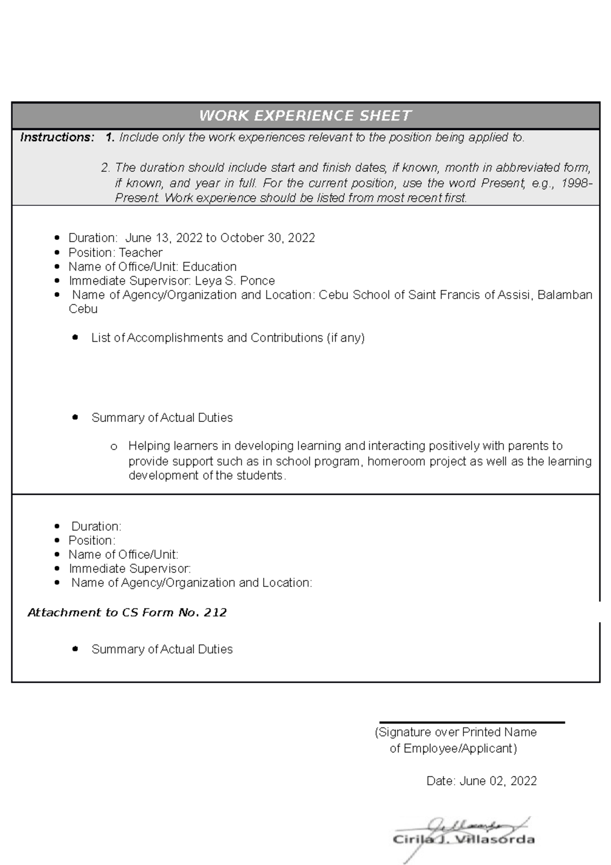 CS%20Form%20No - Take notes - WORK EXPERIENCE SHEET Instructions: 1 ...
