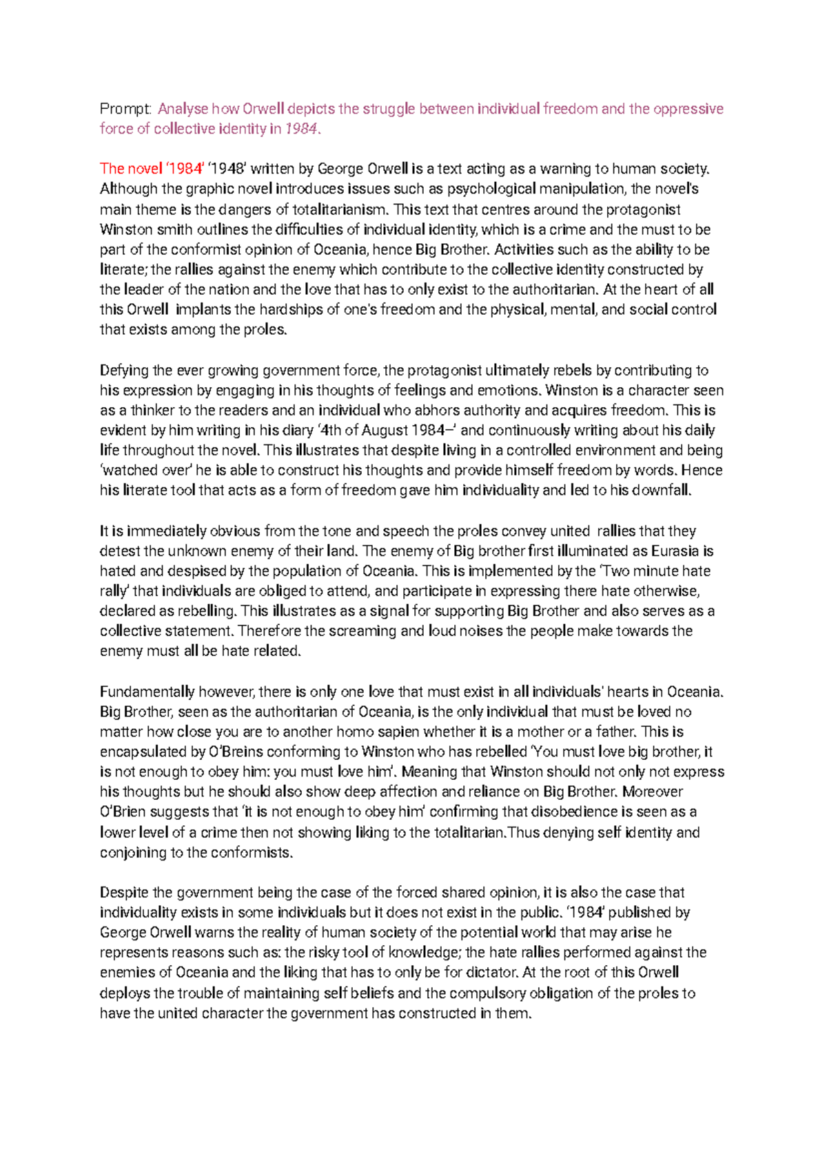 Text Response Essay - 1st Draft - Prompt: Analyse how Orwell depicts ...