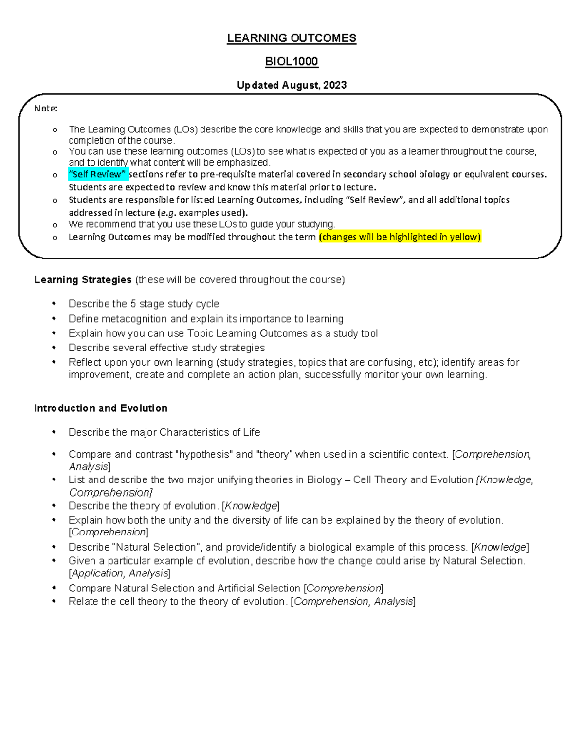 2023 F Biol1000 Learning Outcomes - LEARNING OUTCOMES BIOL Updated August, 202 3 Note: o The ...