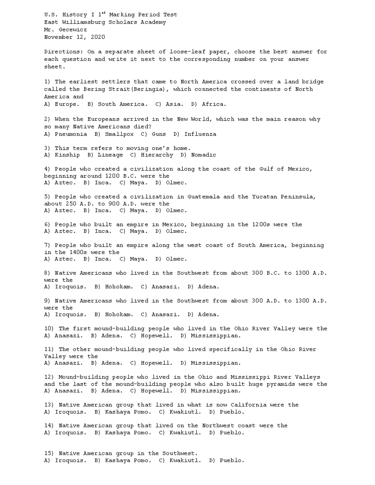 - U.S. History I 1st Marking Period Test - U. History I 1st Marking ...