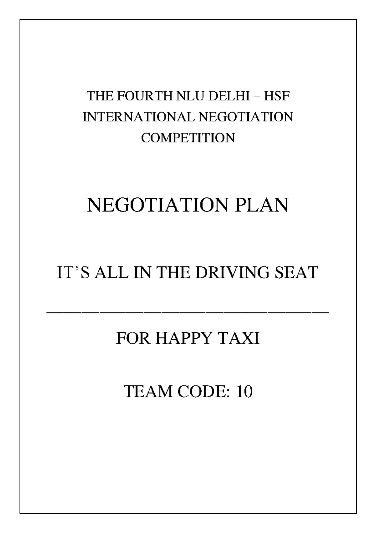 Negotiation Plan Sample - THE FOURTH NLU DELHI – HSF INTERNATIONAL ...