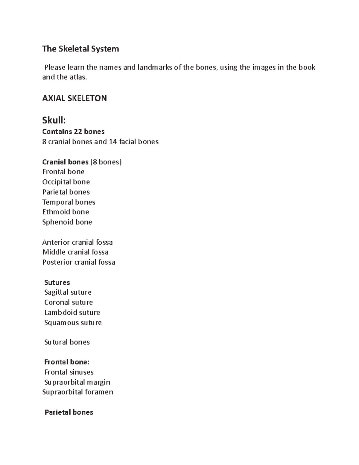Skeletal system - checklist - The Skeletal System Please learn the ...