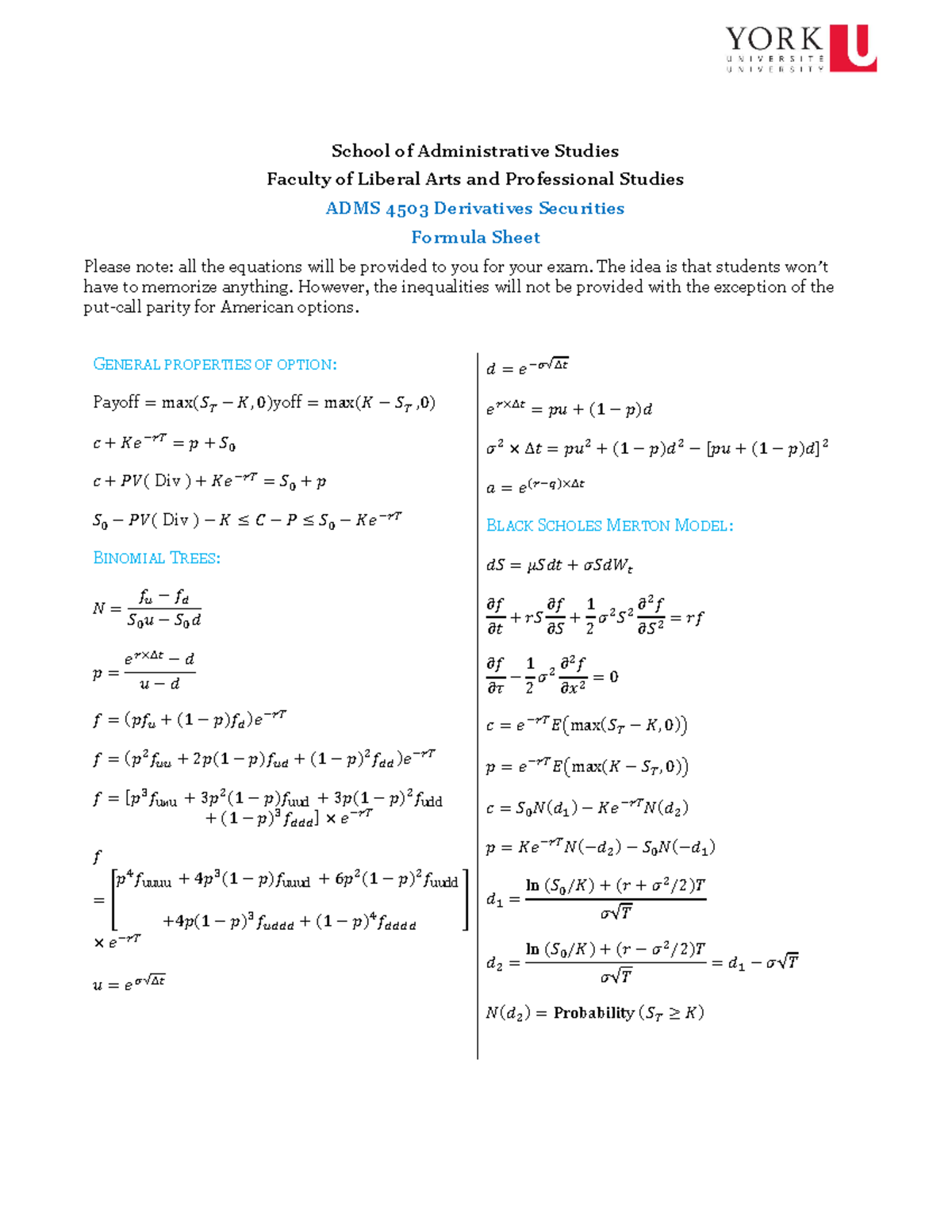 ADMS 4503 Formula Sheet - School of Administrative Studies Faculty of ...