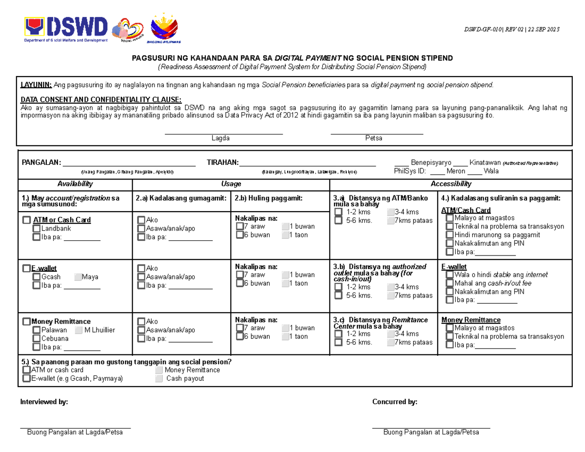 Assessment Form re Digital Payments for Senior Citizens - DSWD-GF-010 ...